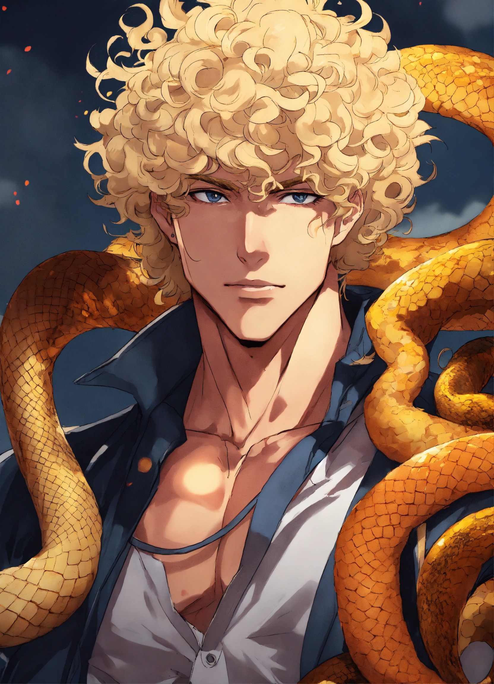 Lexica - Blonde curly hair man ripped anime style with snake powers