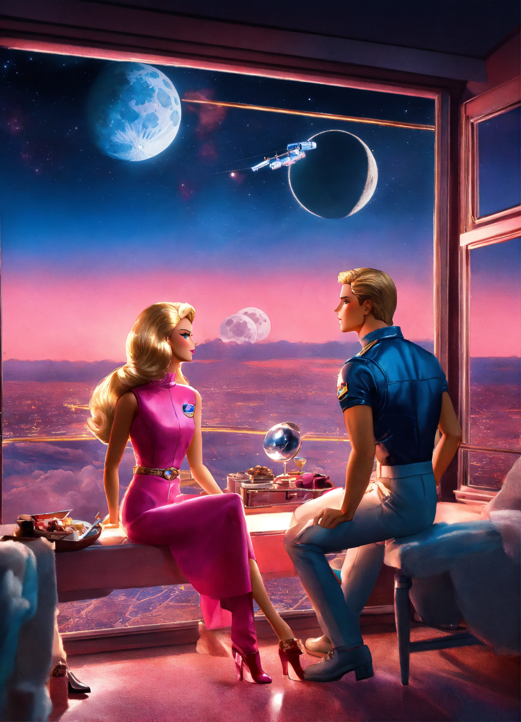 Lexica - Barbie and Ken, who went into space, watch the moon view together.