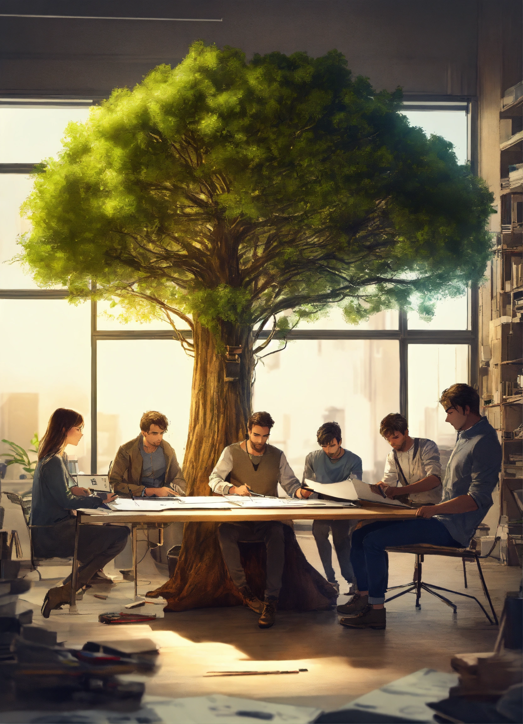 Lexica - A team of designers around a drawing table, brainstorming ...