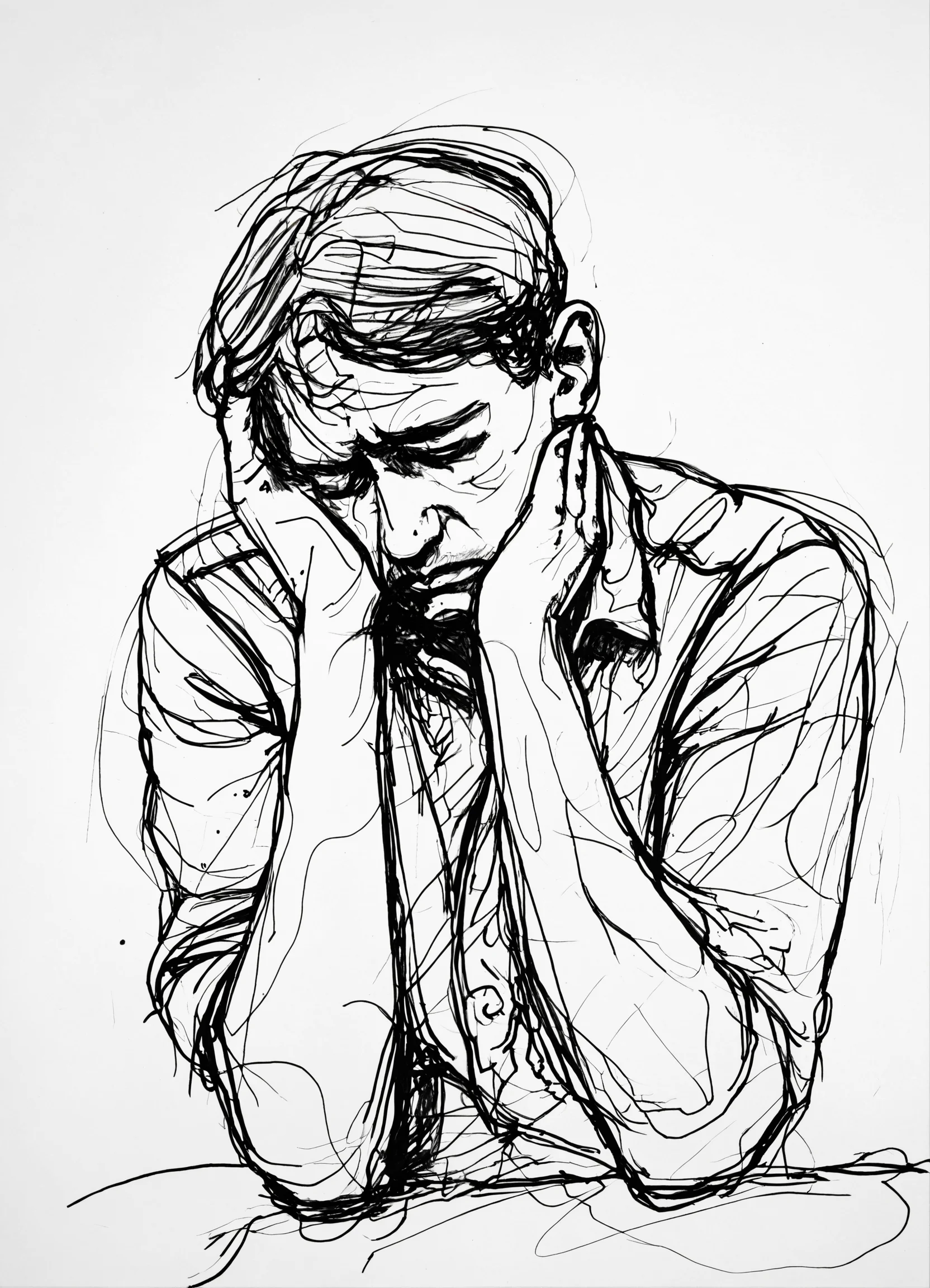 Lexica - A simple line drawing sketch of a man that is sad and holding ...