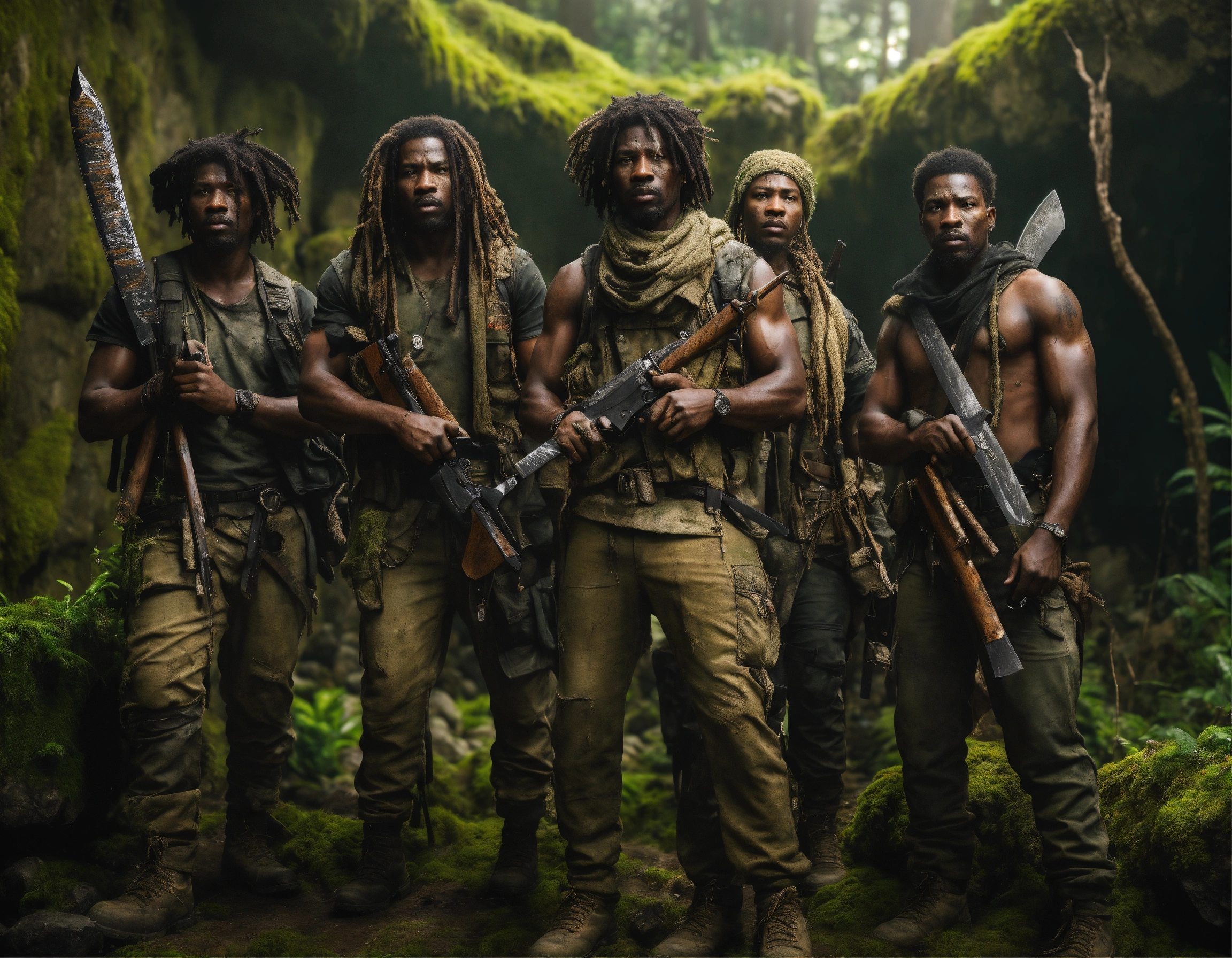 Lexica - A realistic photo of five different black survivors dressed in ...