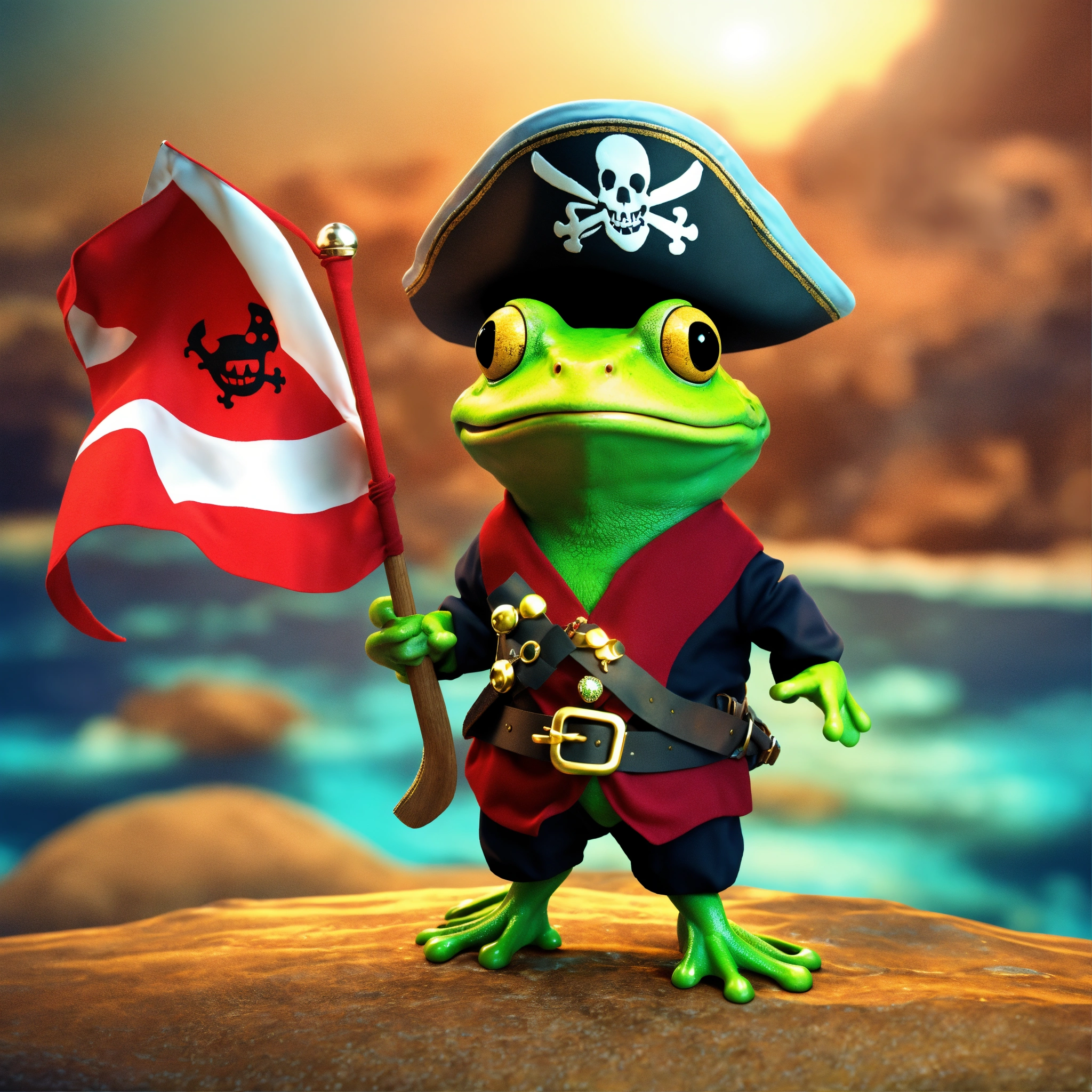 Lexica - Pirate frog, wearing a pirate hat, holding a pirate flag ...