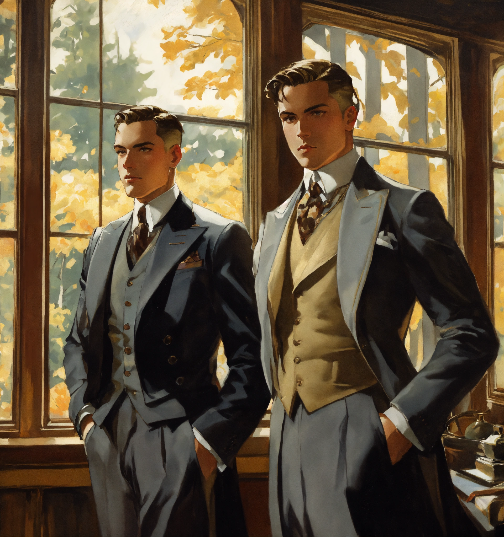 Lexica - Two muscled male spies, dark grey vested suit, looking by a ...