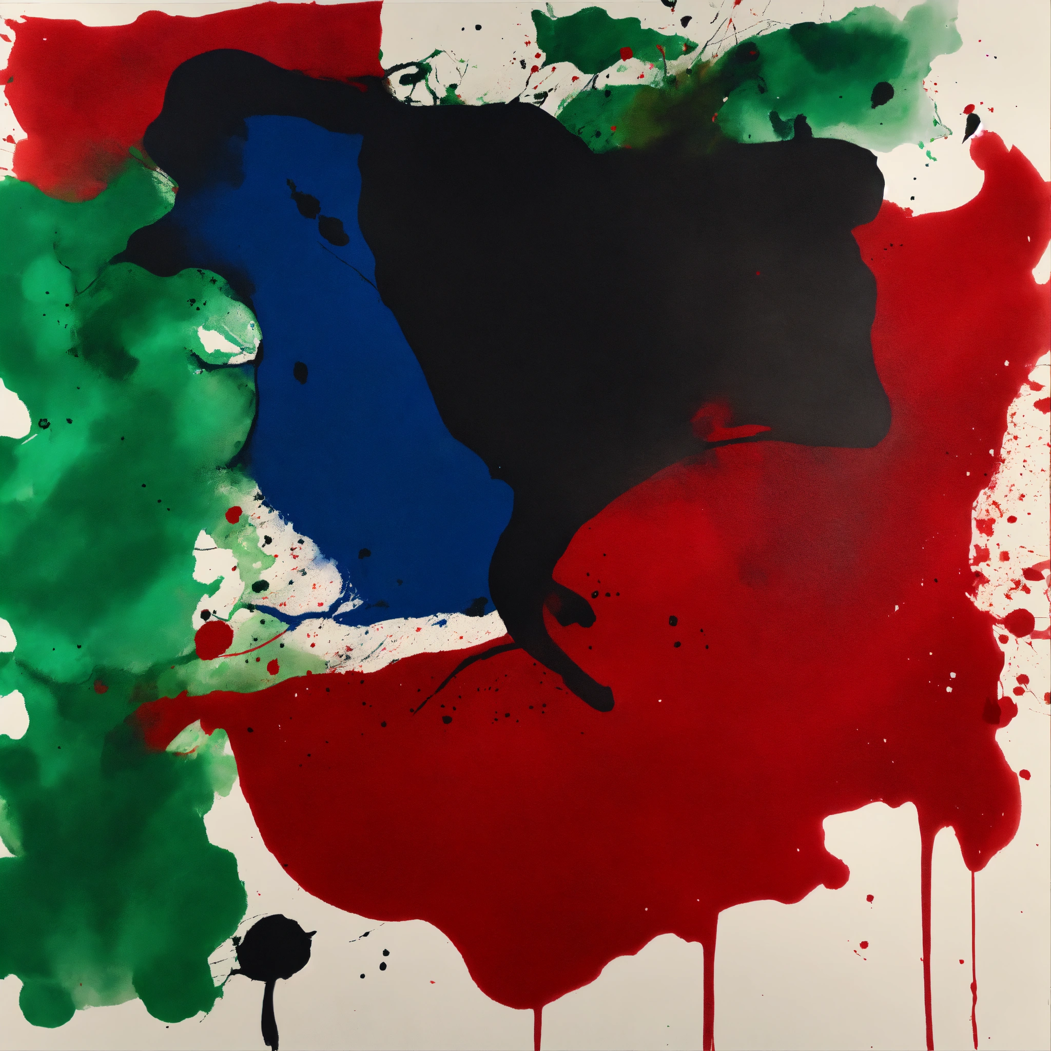 Lexica - White page with random splotches of blue black green and red ink