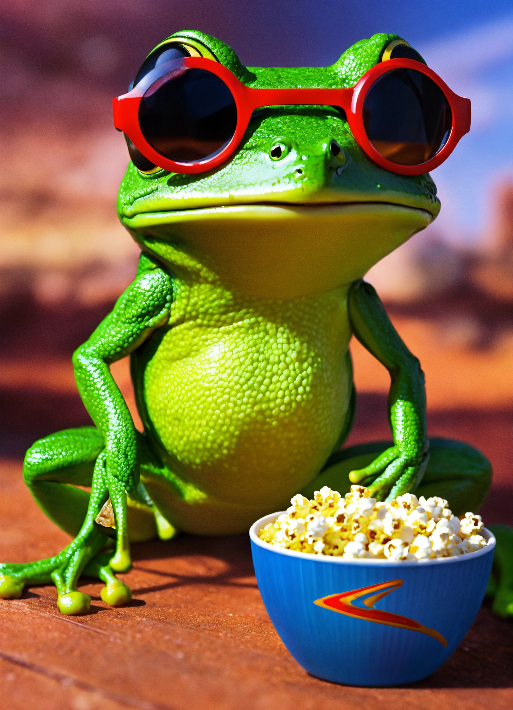 Lexica - Frog in sunglass a glass of popcorn in Pixar style