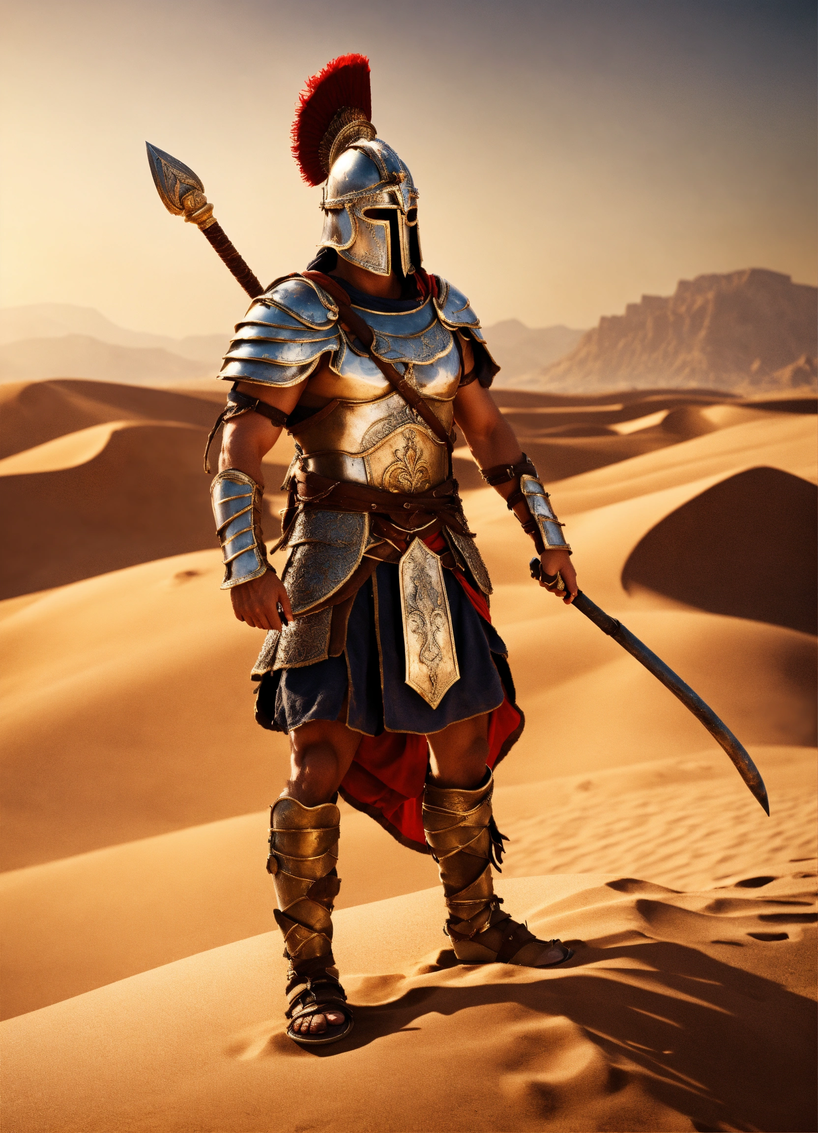 Lexica - A realistic desert with a gladiator full body staff in his ...