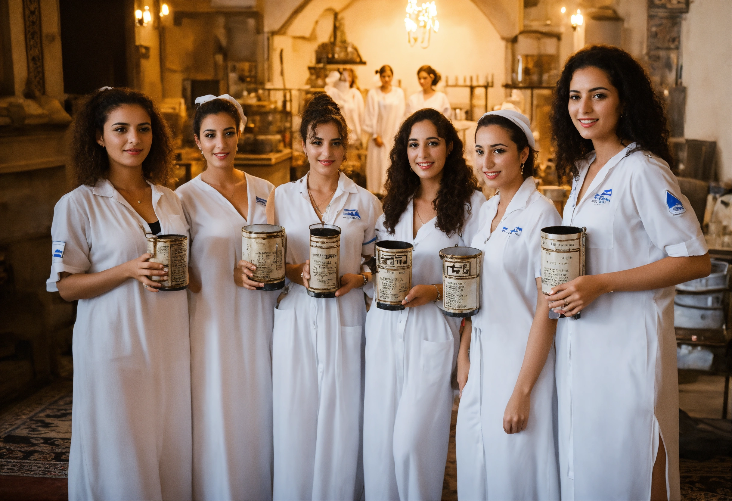 Lexica - Ten women in white Israeli clothing, five of them holding a ...