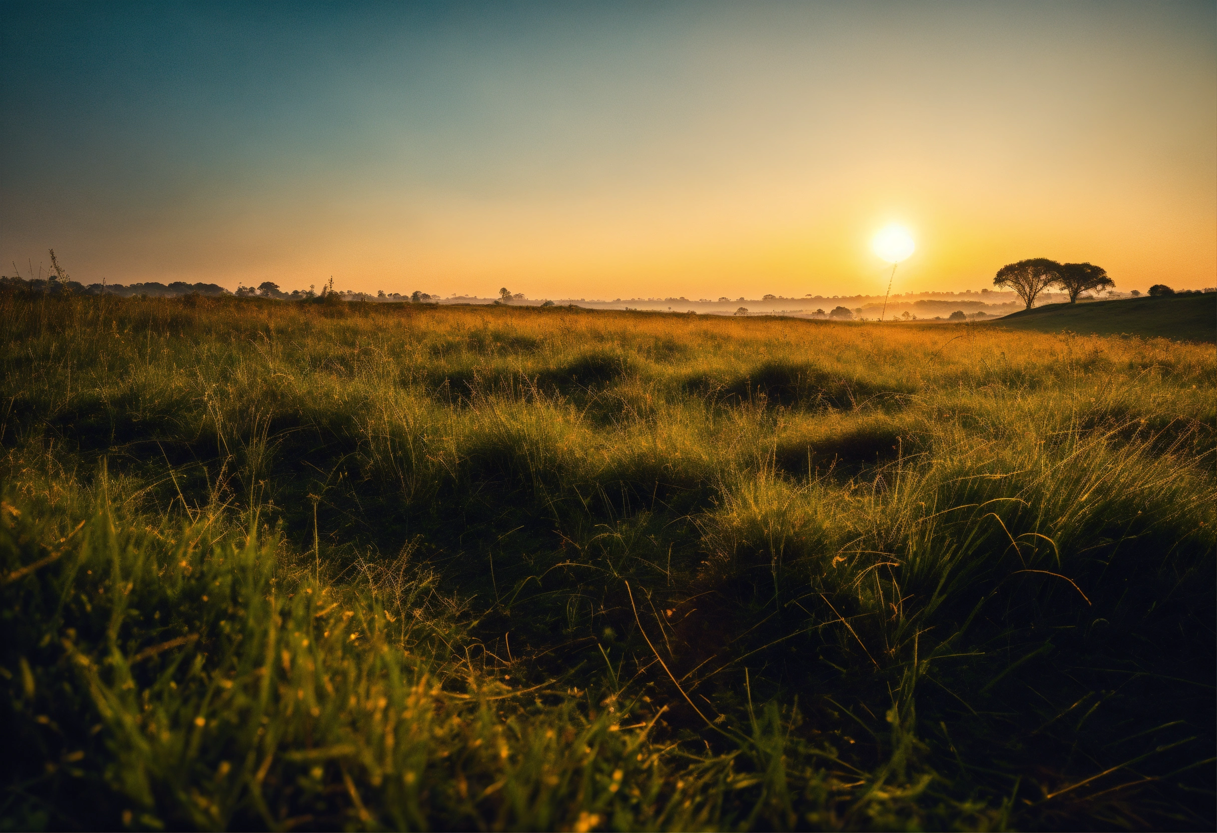 Lexica - View from laying on the ground of a grassy landscape at dawn ...