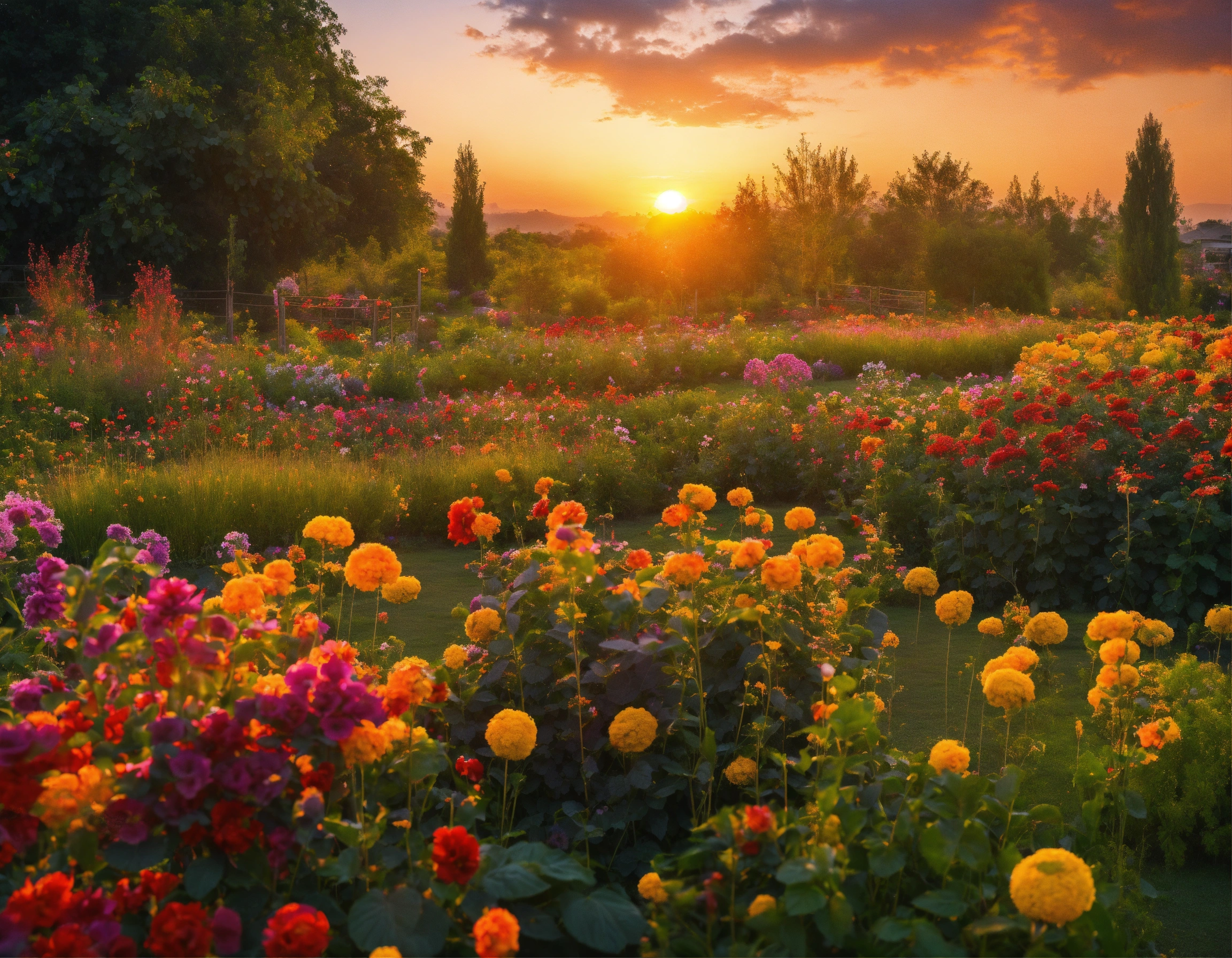 Lexica - Sunset over a heavenly flower garden rich in color with high ...