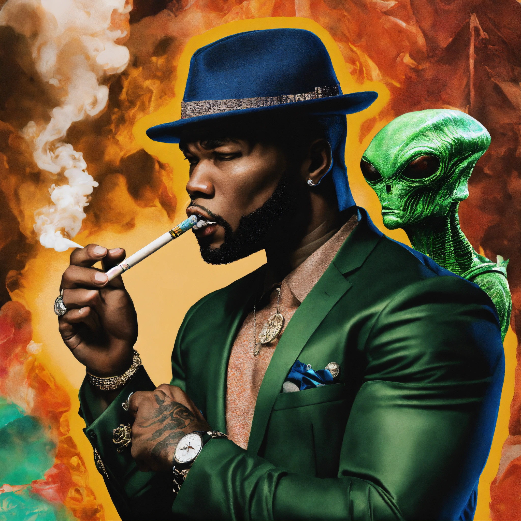 Lexica - A weird collage art photo montage of 50Cent and an alien ...