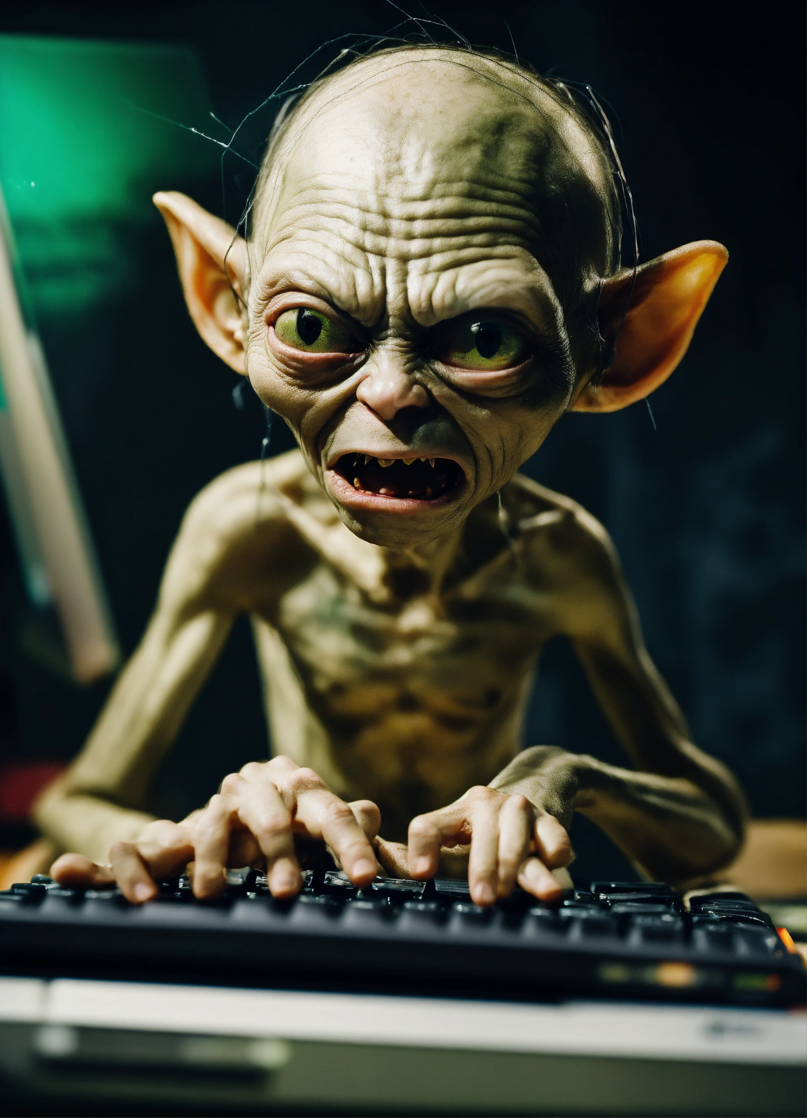 Lexica - A argentic photograph of Gollum doing Web development and ...