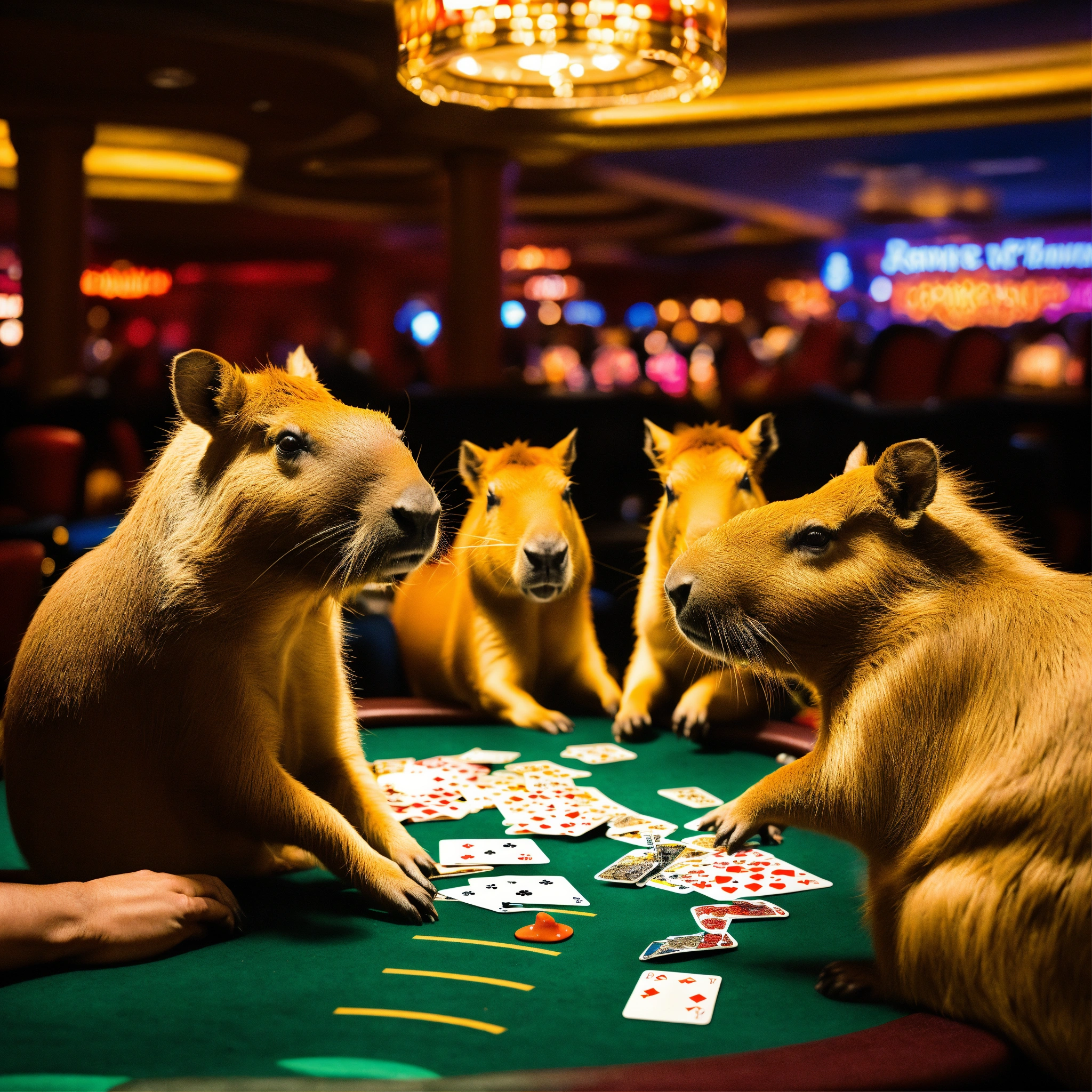 Lexica - Photo of a group of capybaras playing cards in a casino in Las ...