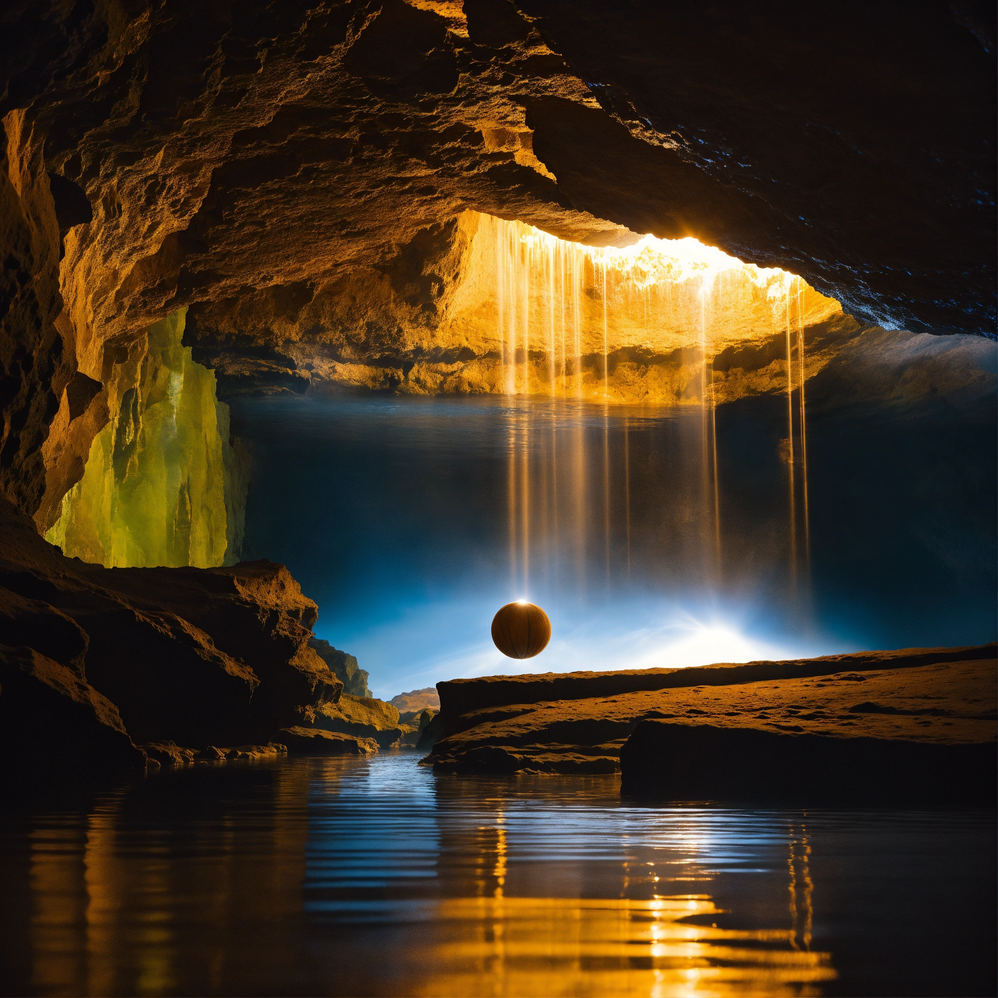 Lexica - A ball of pure light floating in a flooded big cave