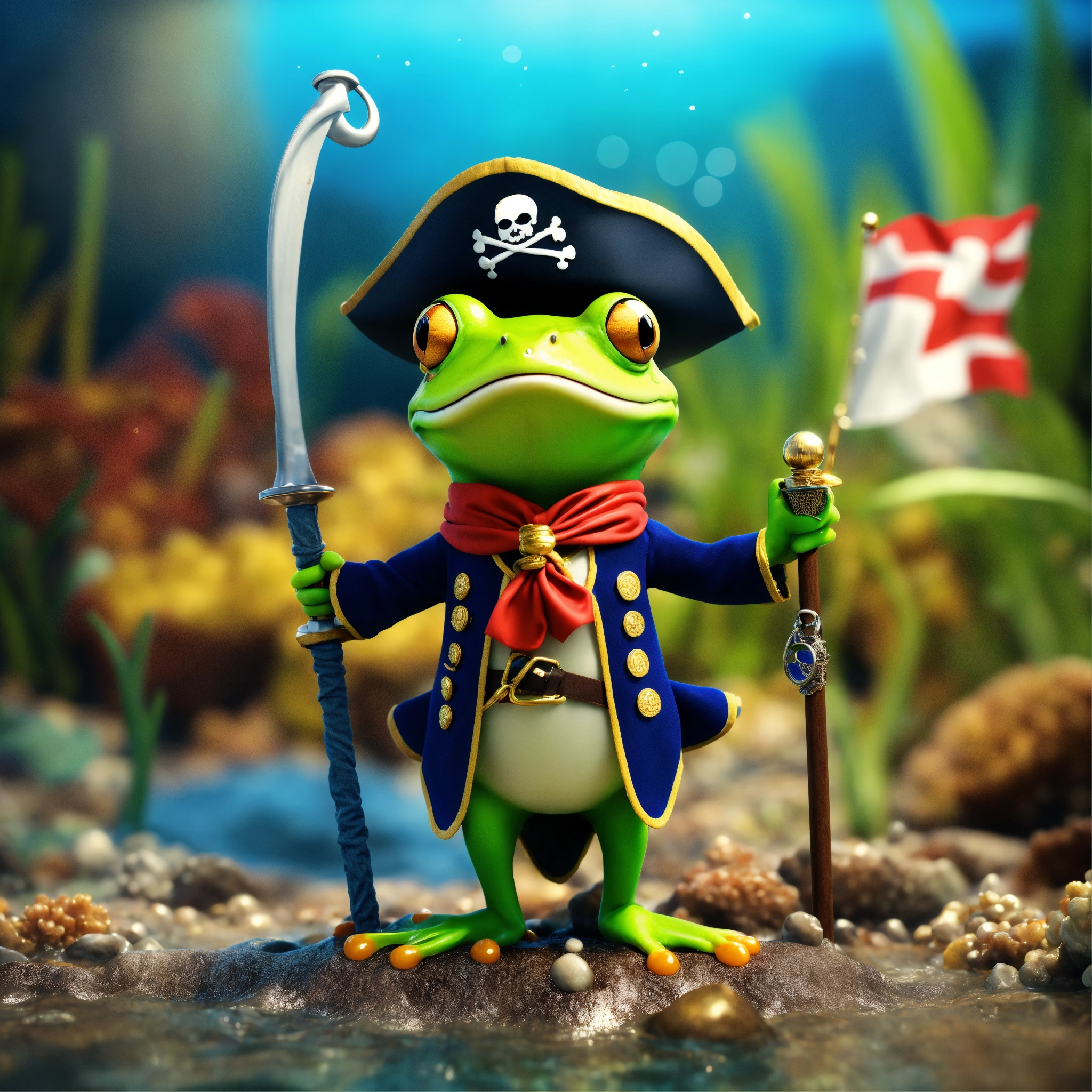 Lexica - Pirate frog, wearing a pirate hat, holding a pirate flag ...