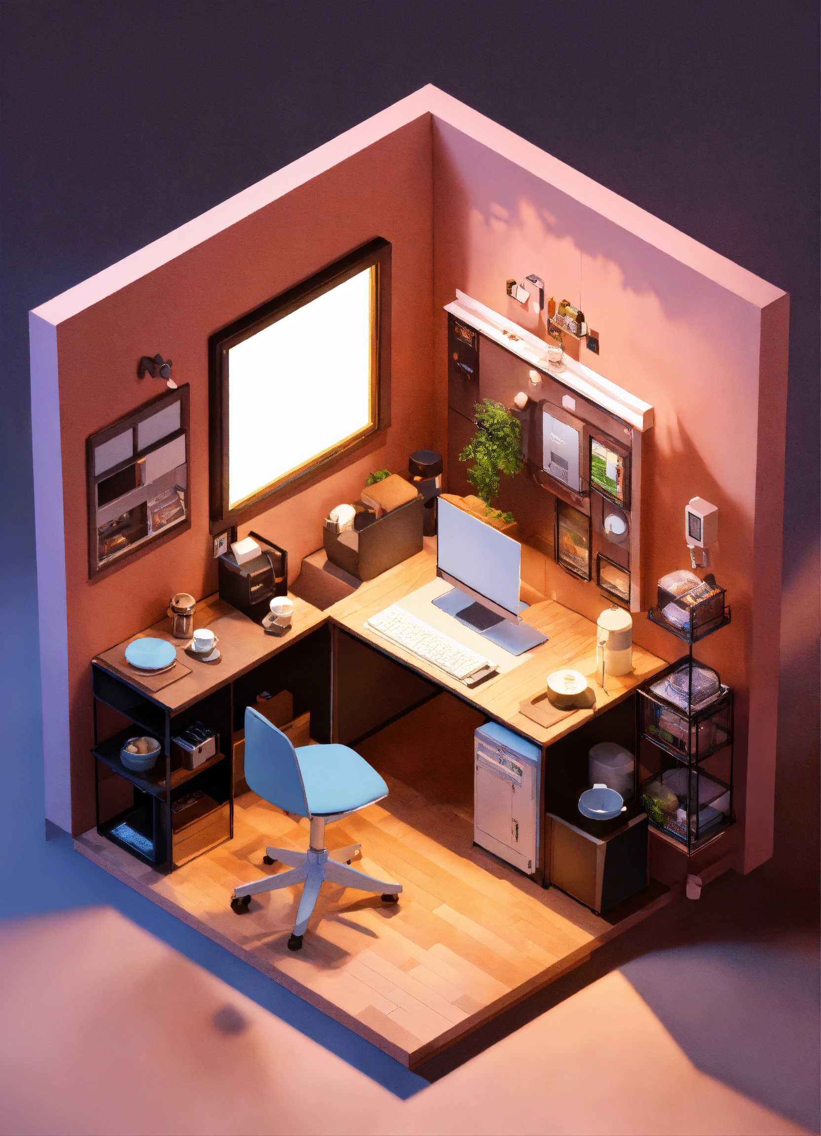 Lexica - Cube cutout of an isometric programmer bedroom with a cafe ...