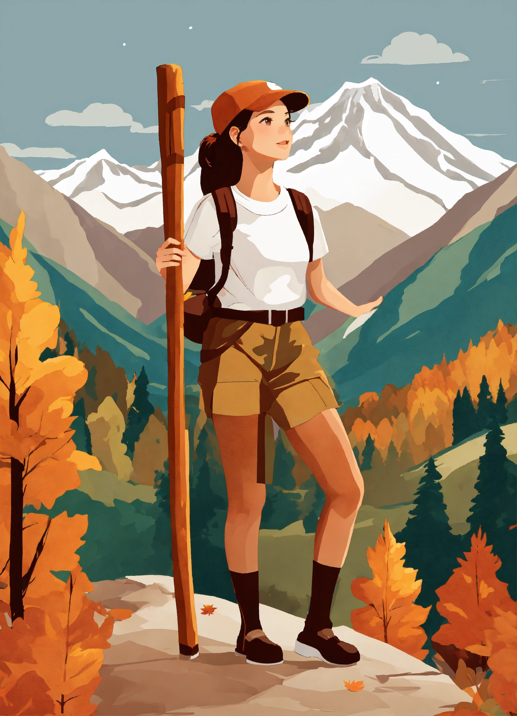 Lexica - Cute female hiker, with wooden hiking stick, in autumn and ...