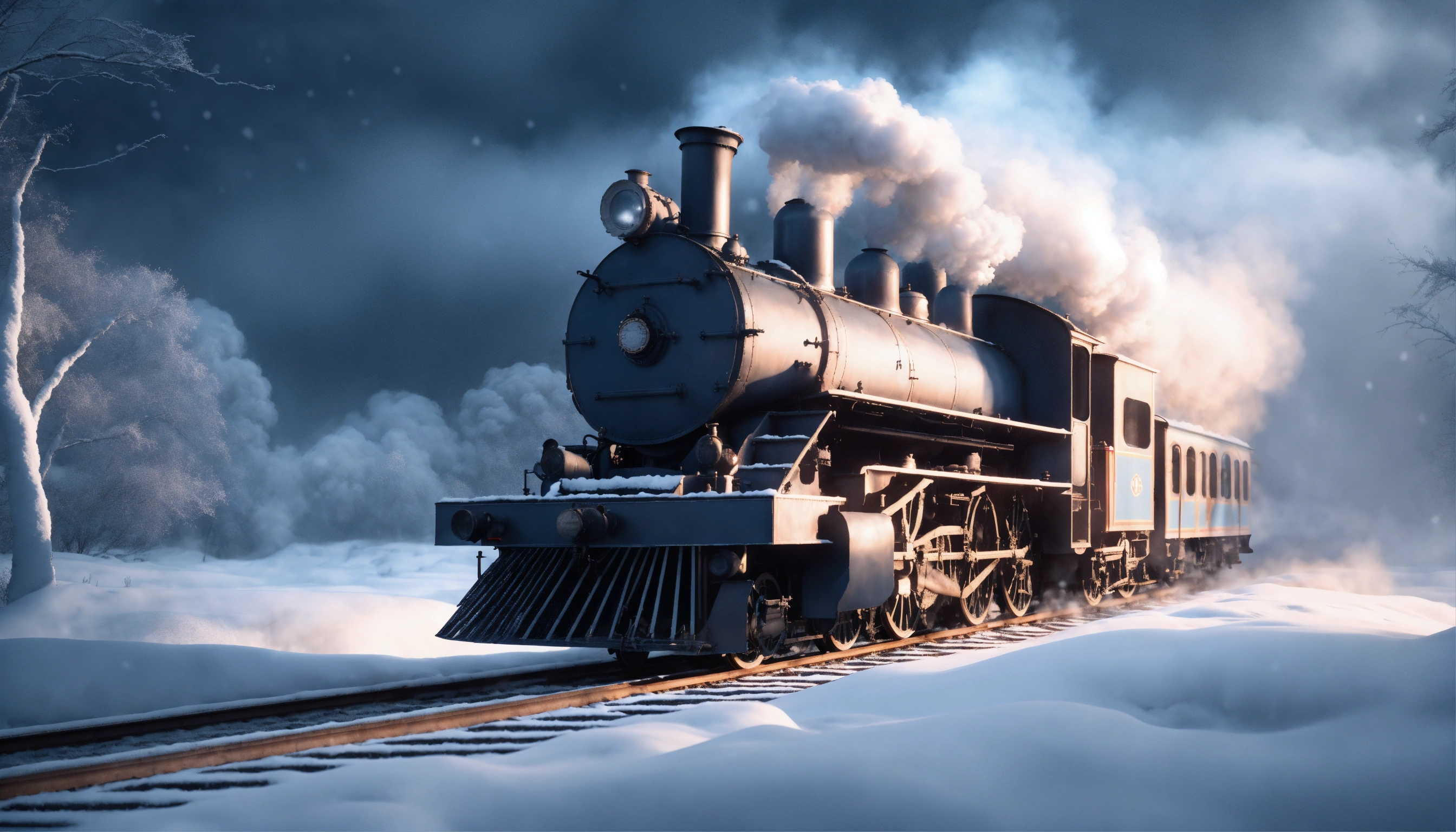 Lexica - 3D Cartoonish An old baby blue railway engine rushing through ...