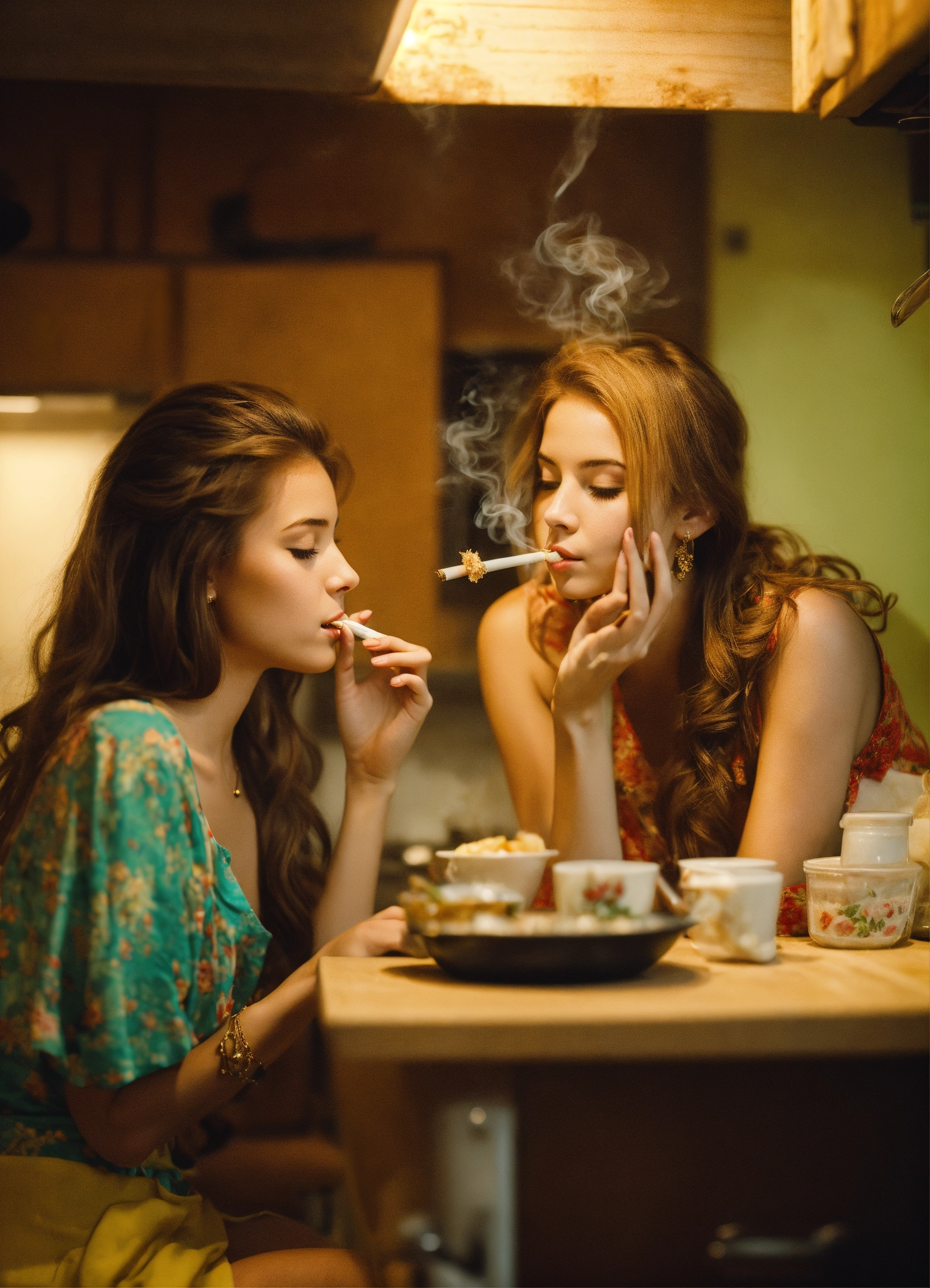 Lexica - Two beautiful girls secretly smoke in the kitchen