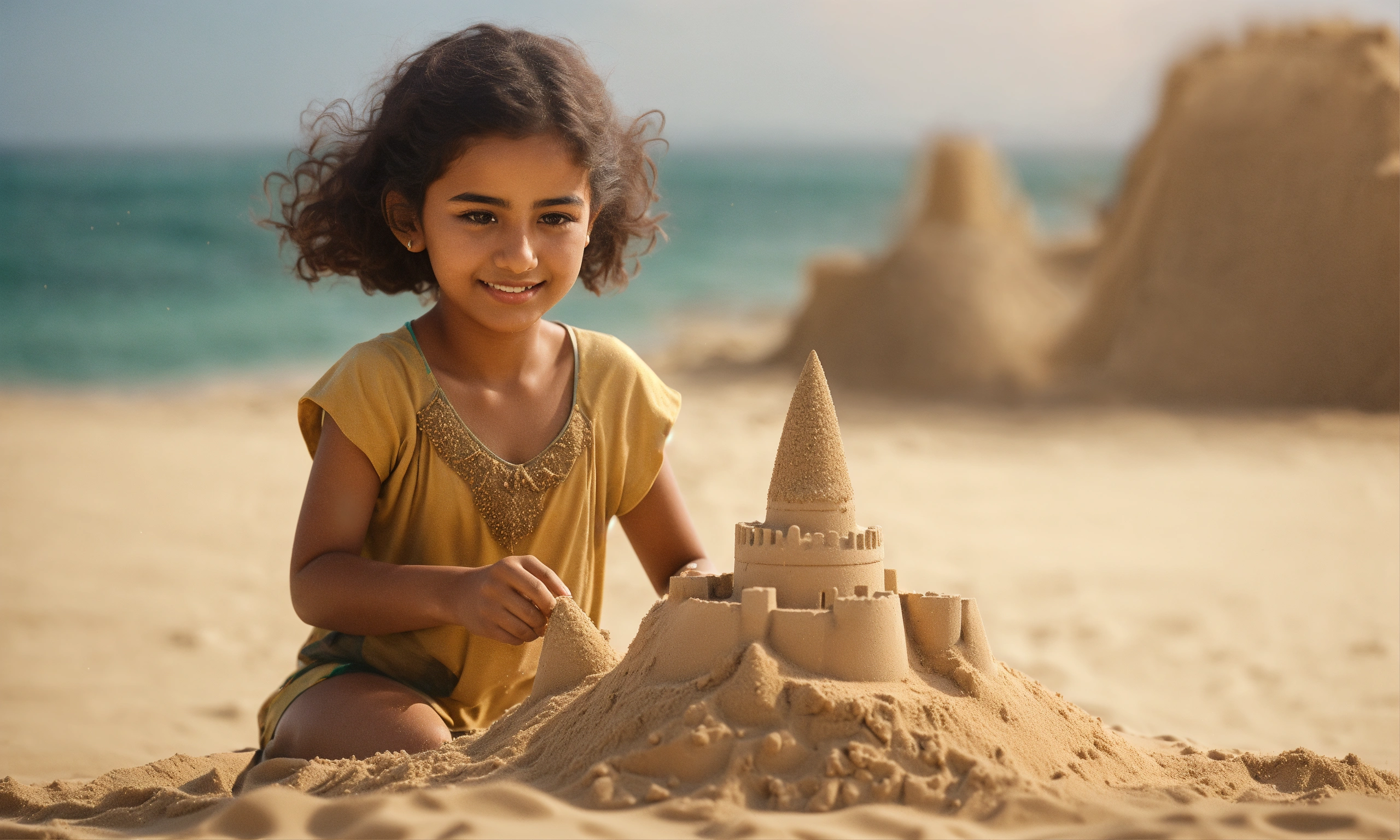 Lexica - Saudi girl, building sand castle, close up, beach, photo ...