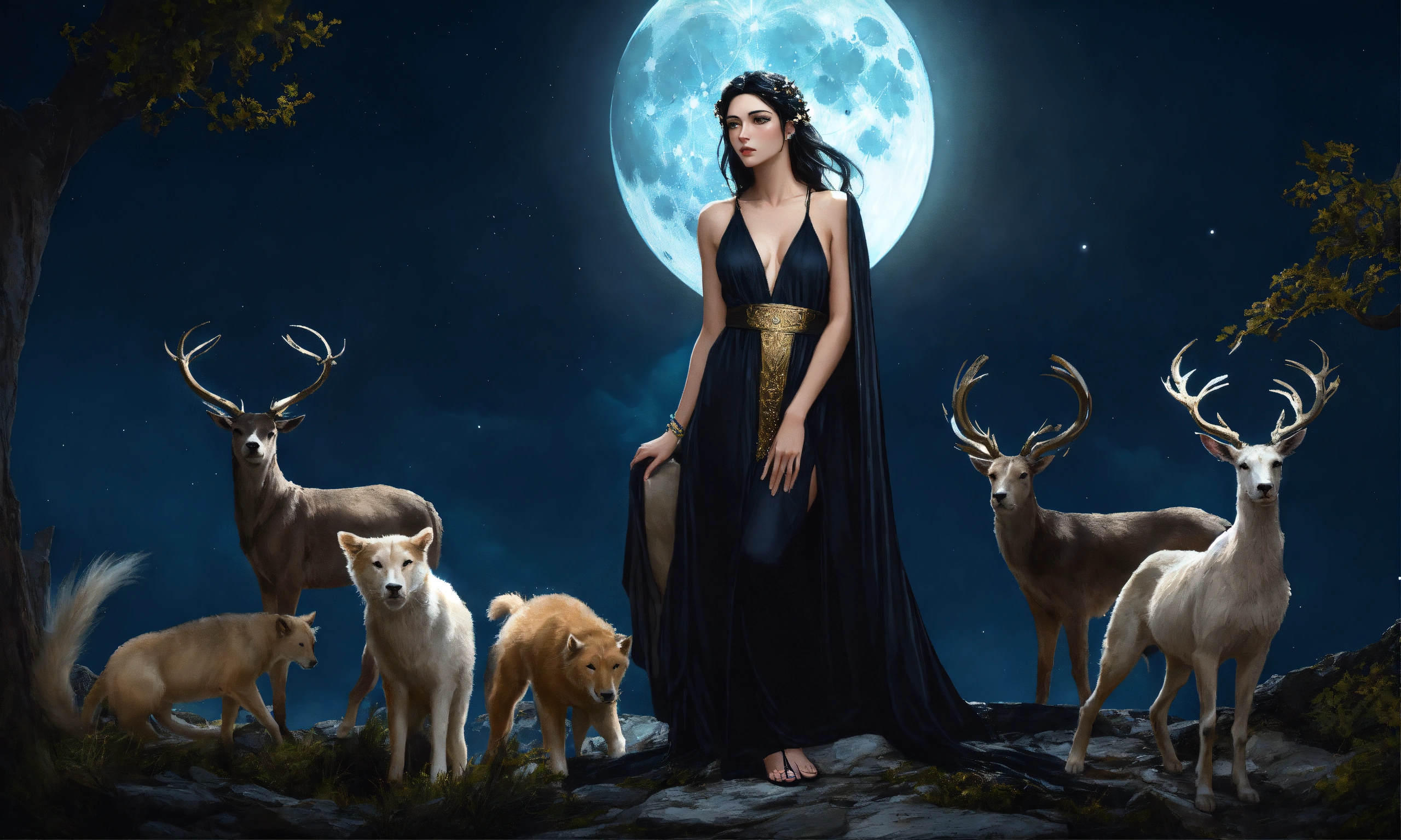 Lexica - Half greek goddess with black hair, flowing black robe ...