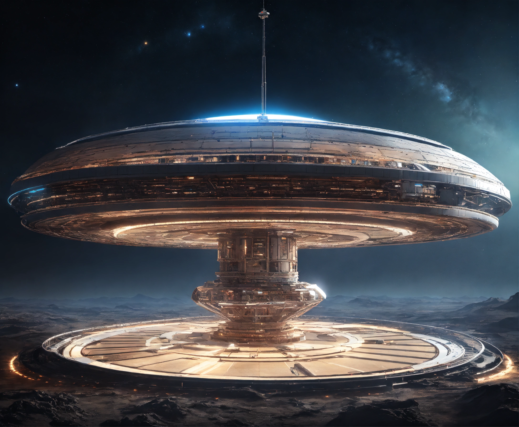 Lexica - A highly realistic photo from a distance view of a futuristic thin wheel-shaped space ...