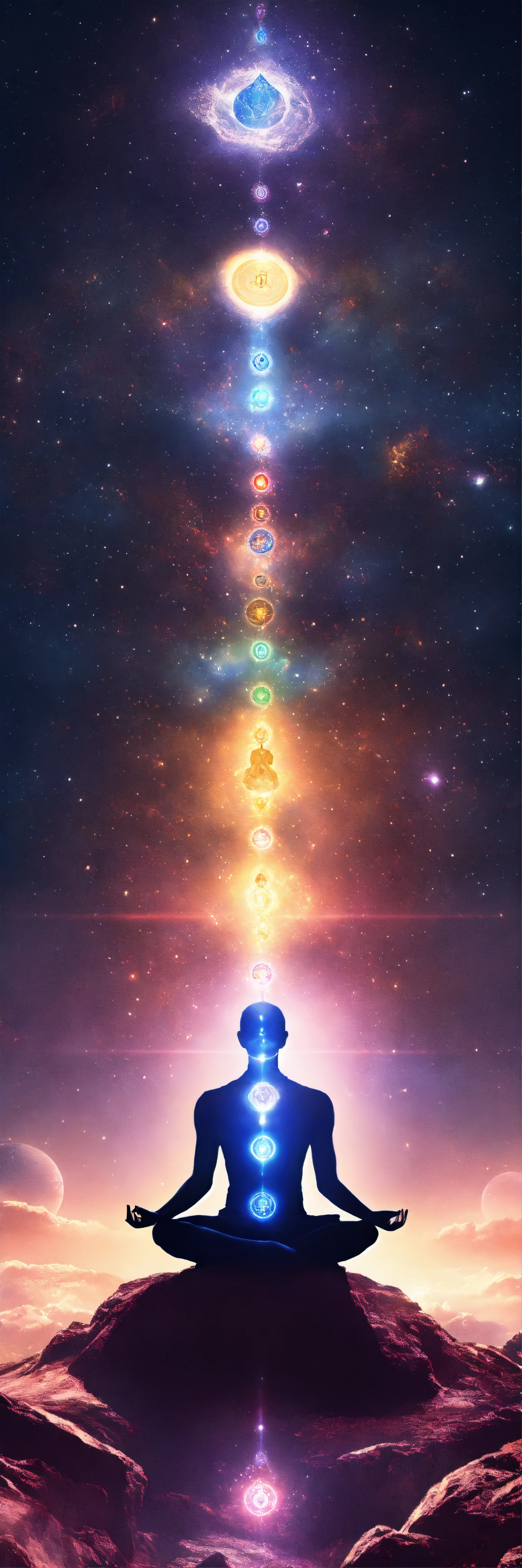 Lexica - Human entity meditating in space showing his chakras