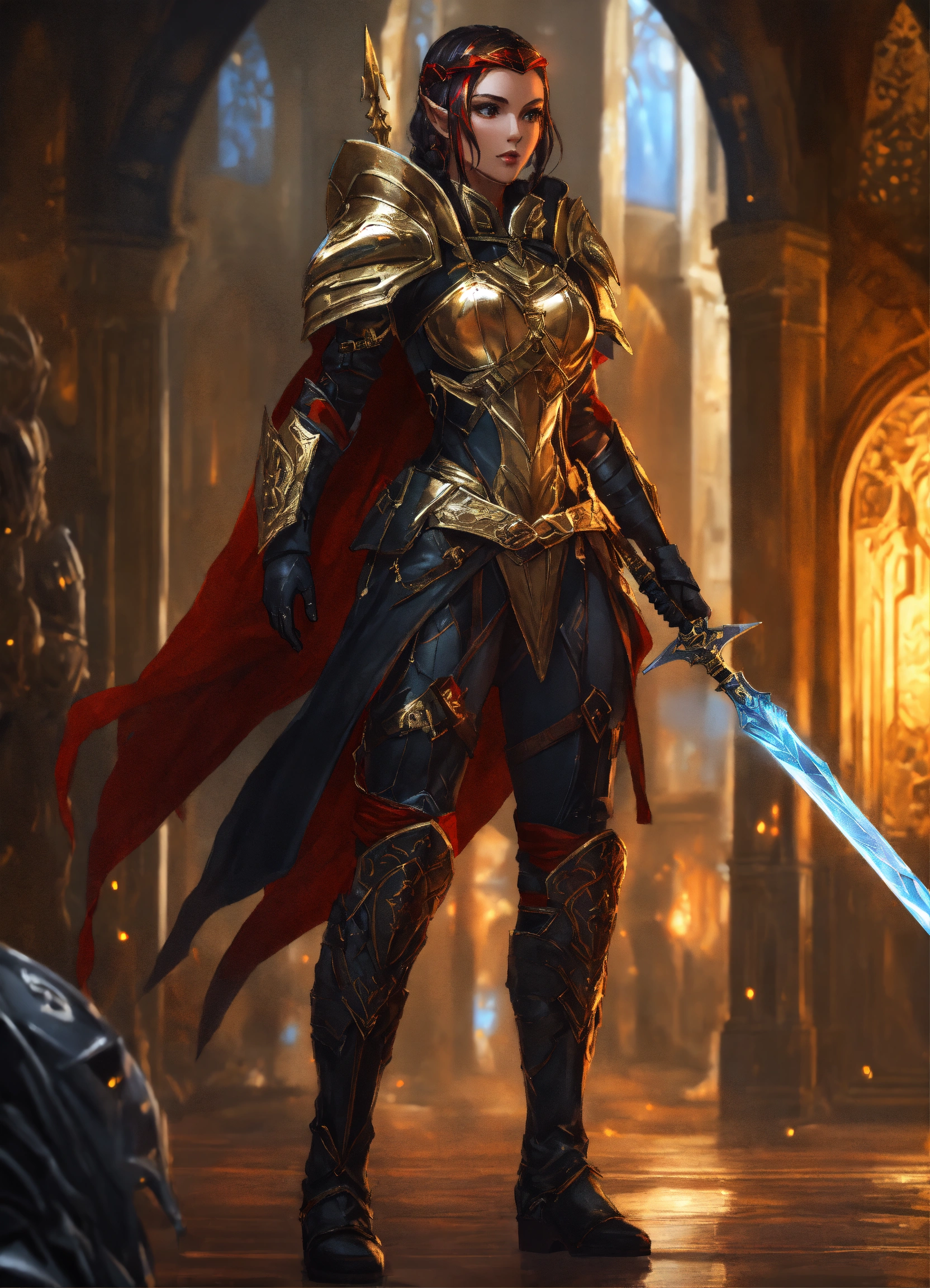 Lexica - Full body of a shapely female high elf, with black and red braided hair, hour-glass ...