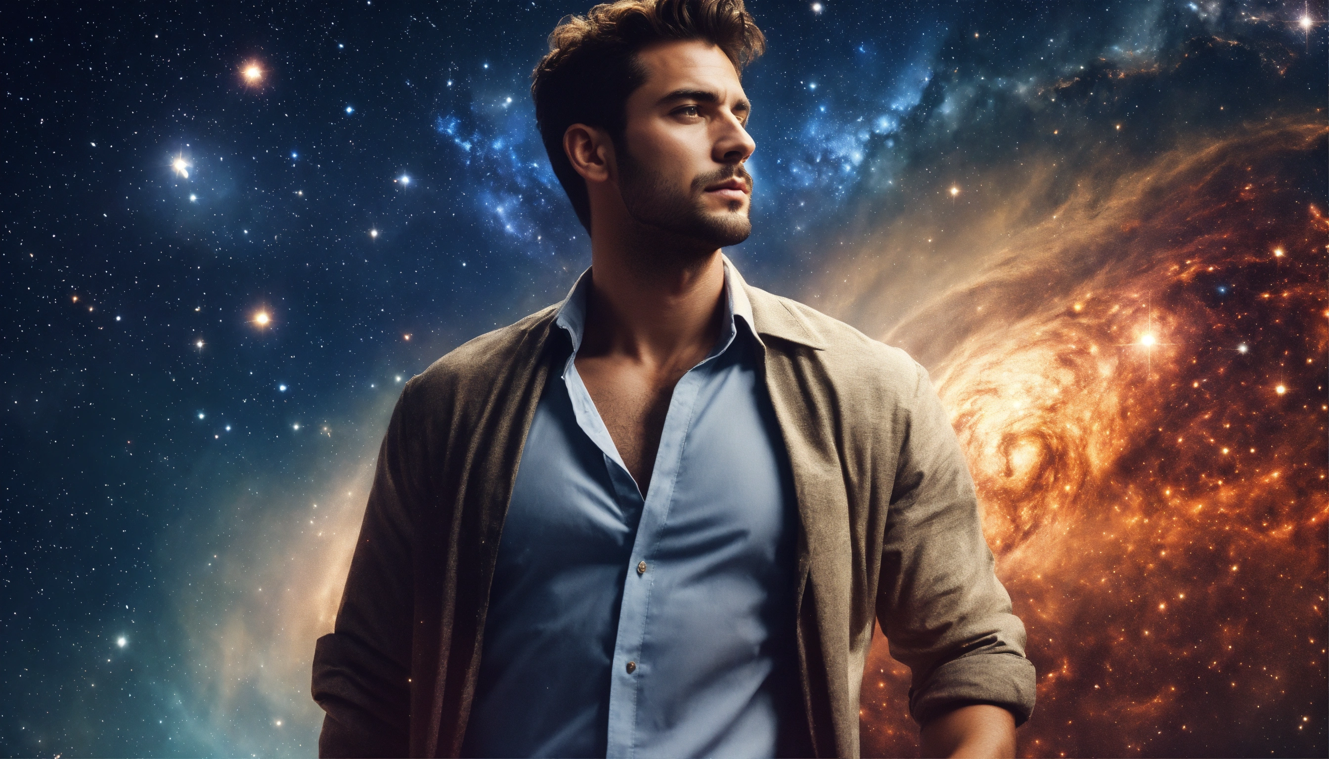 Lexica - Handsome man, looking up, shirt unbuttoned, negative patterns ...