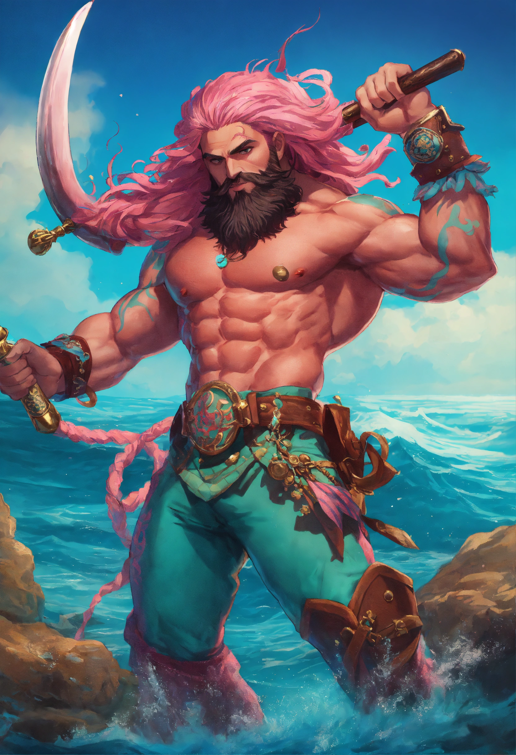 Lexica - A buff muscular Merman pirate with pink scales across his blue ...
