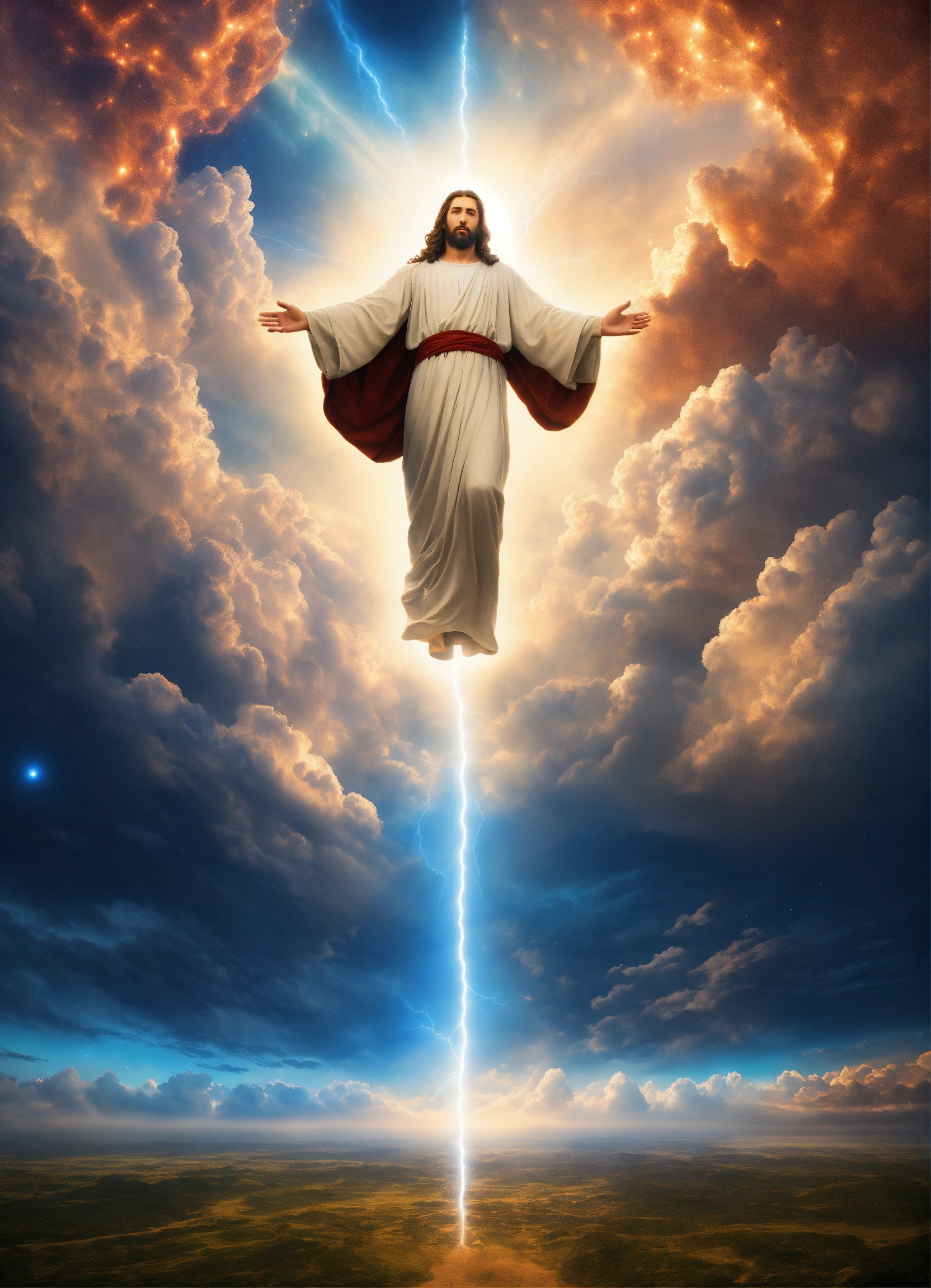 Lexica - A beautiful sky with Jesus descending from the clouds. Planets ...