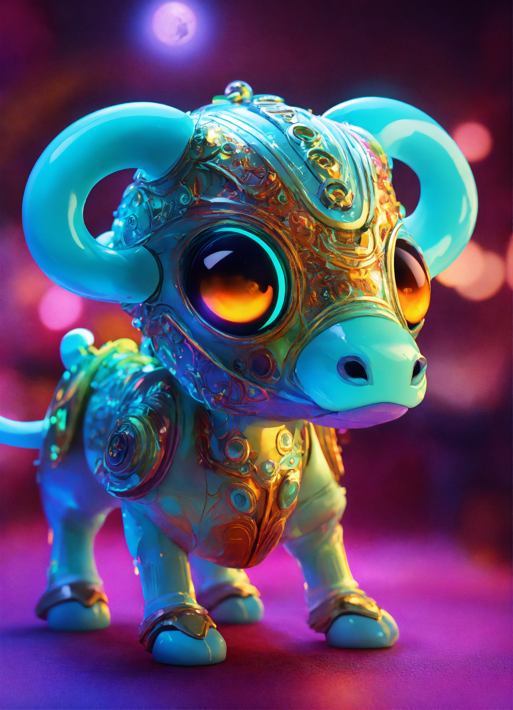Lexica - Gelly cute adorable alien bull with moon, full-body, neon glow ...