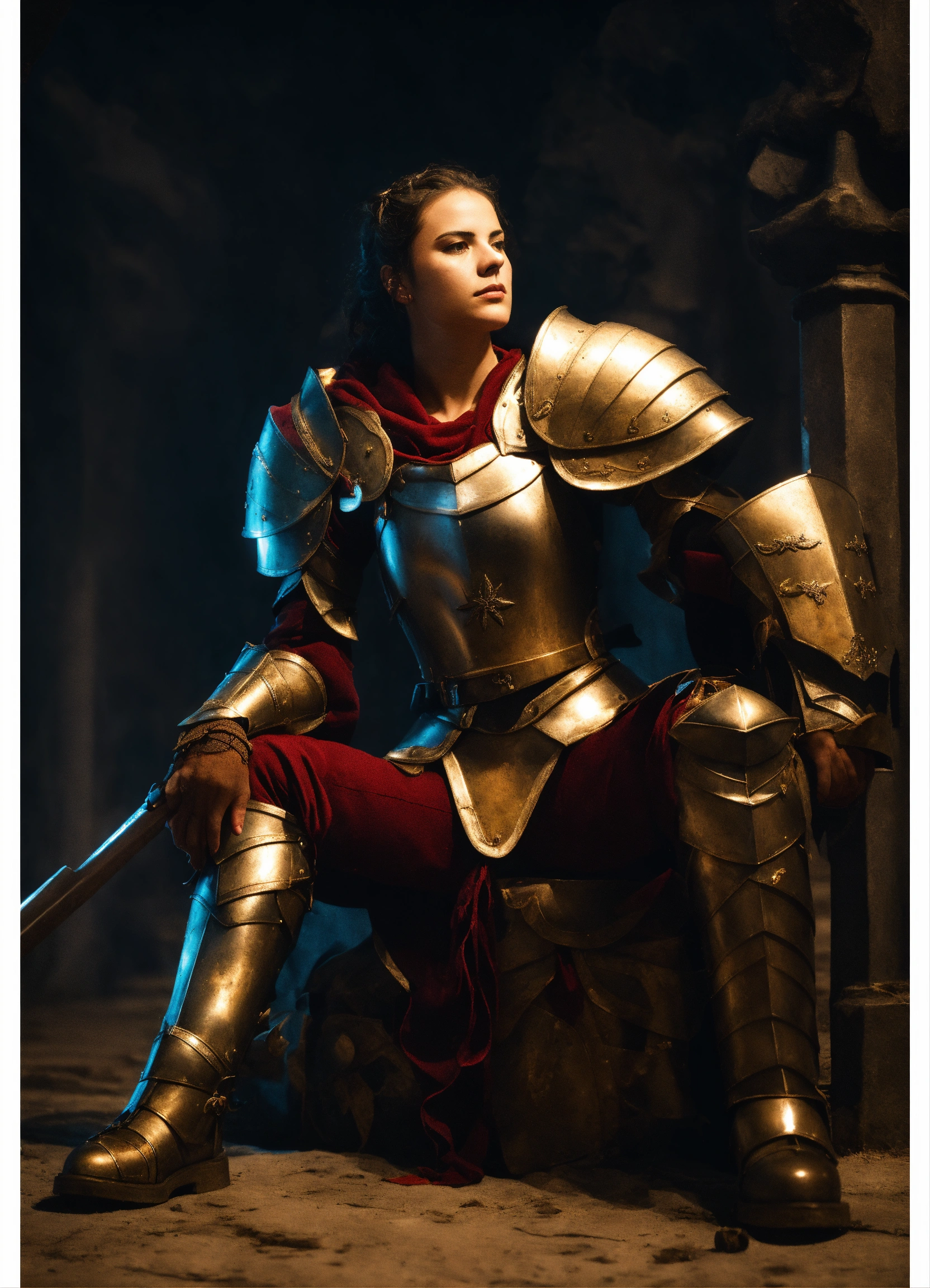 Lexica - Joane of arc to sitting in with her armure on in dark place ...