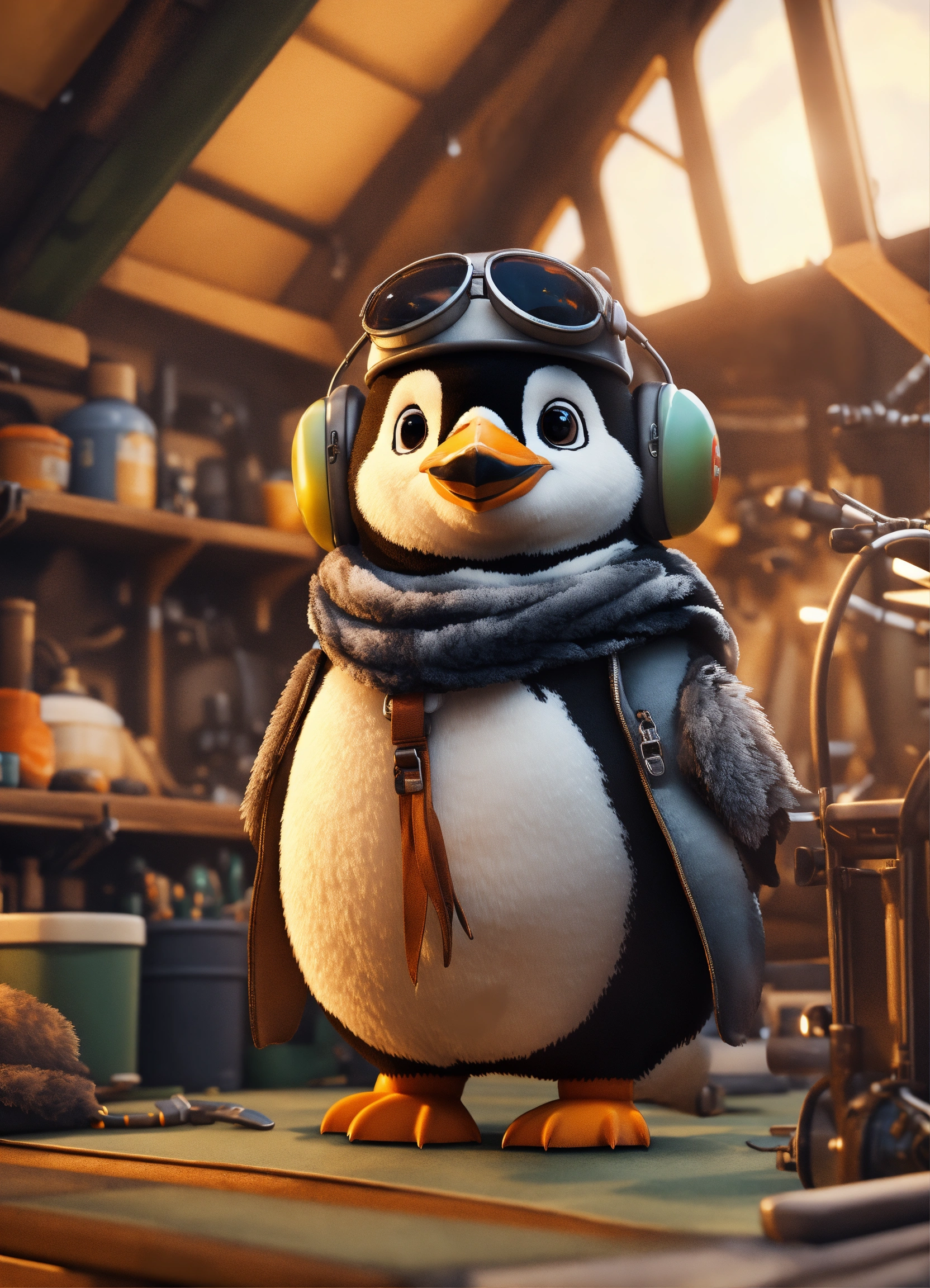 Lexica - A cute fluffy penguin pilot working on a plane in his shed ...