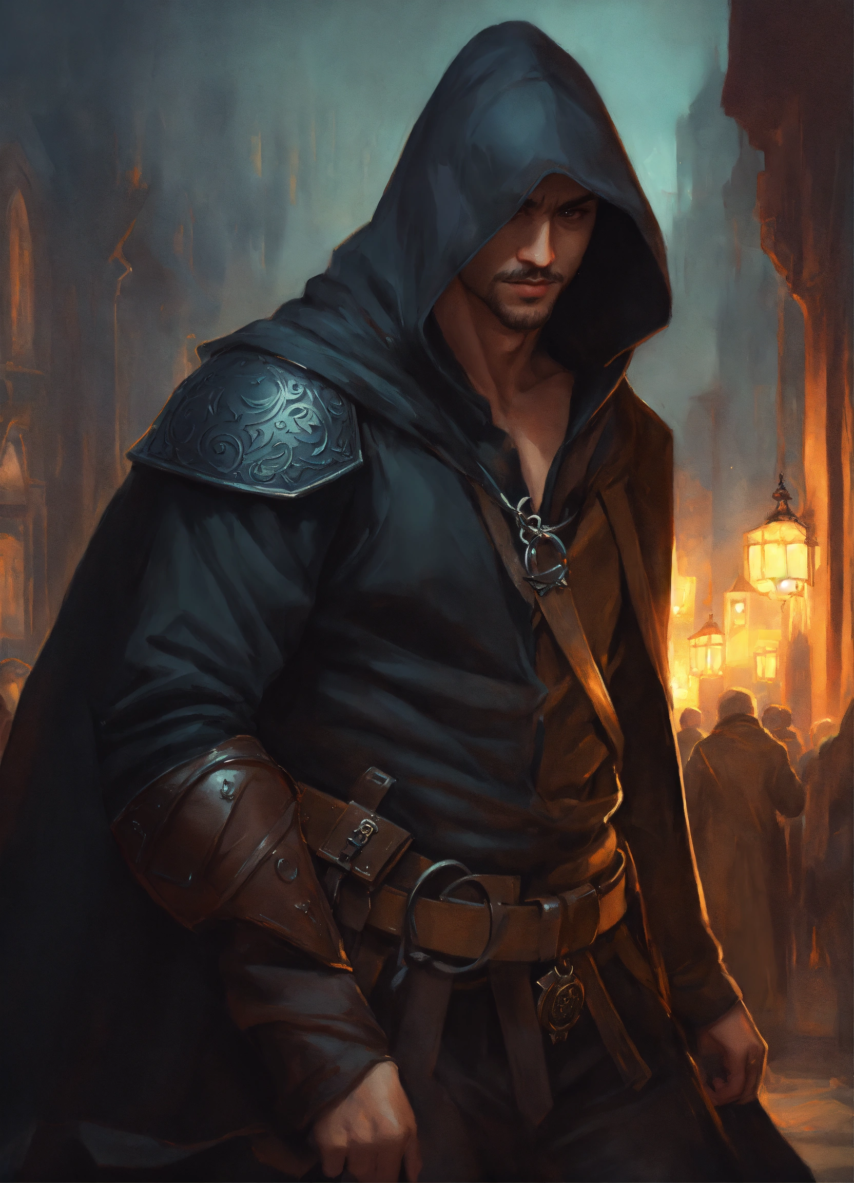 Lexica - Fantasy Painting, medieval male mystic Thief in black hood ...