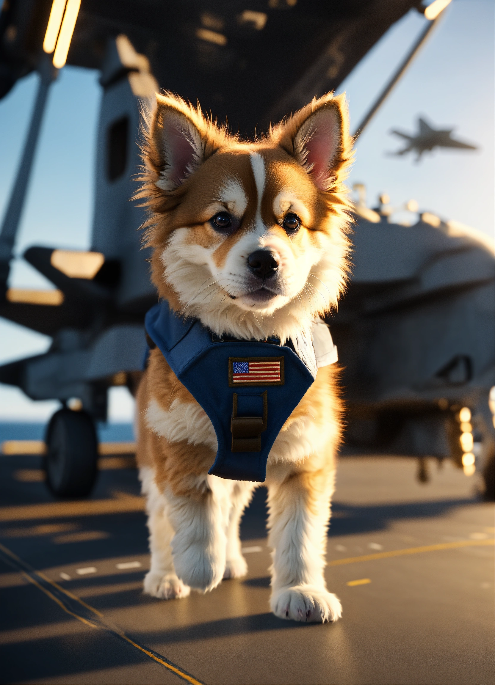 Lexica - A cute fluffy puppy captain walking on a military aircraft ...