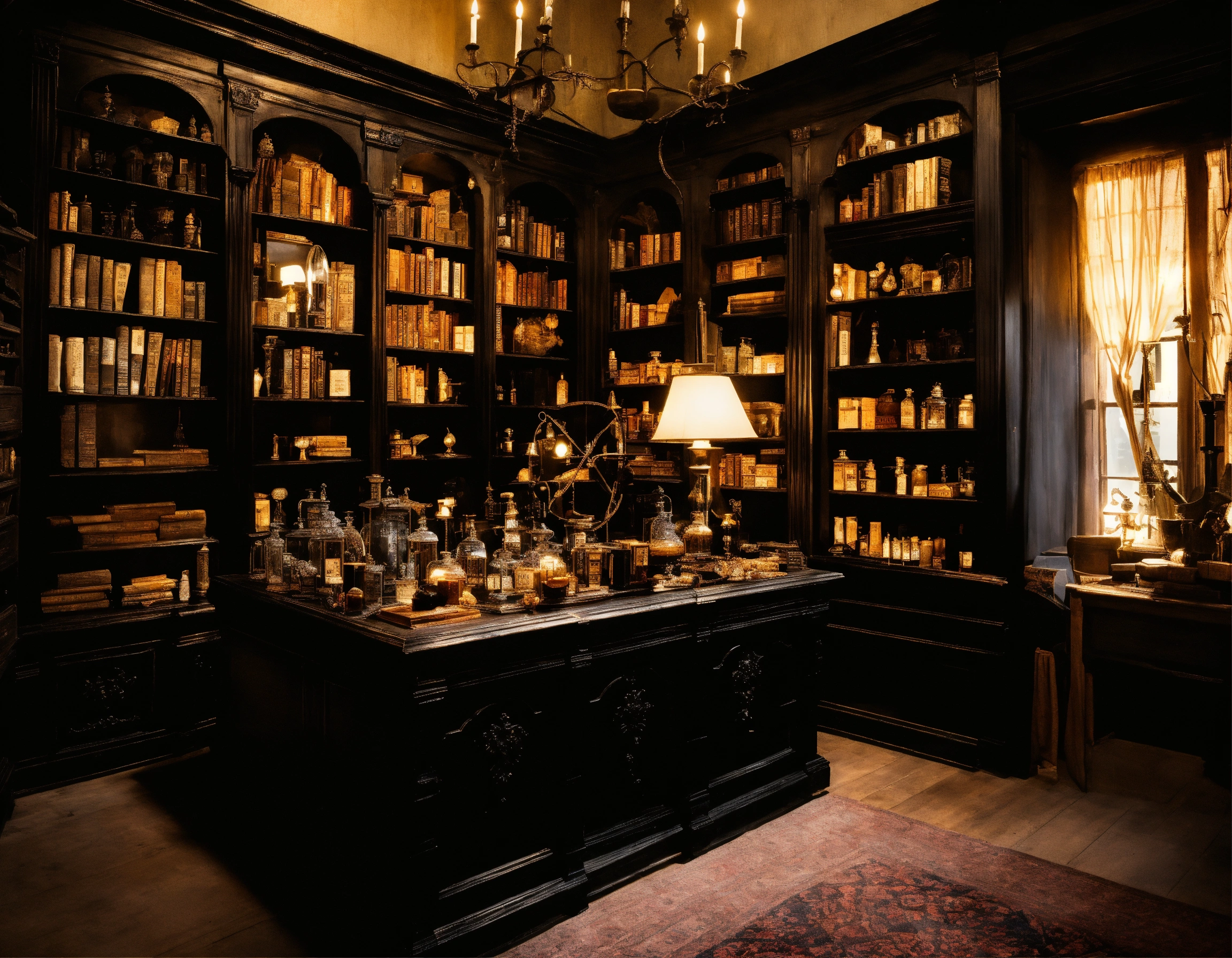 Lexica - Interior design, black everything, with a large bookshelf ...