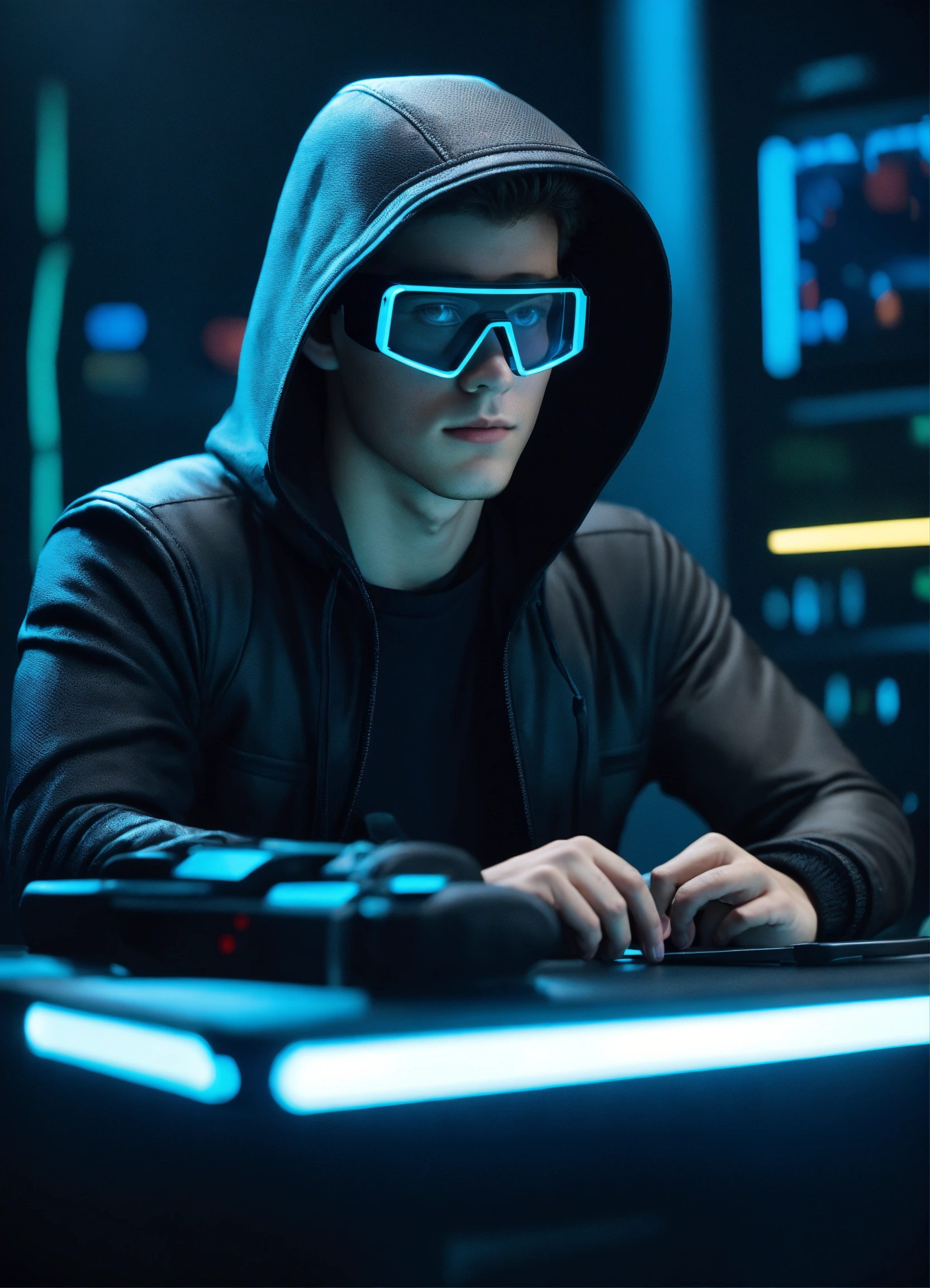 Lexica - Nerdy 20 year old male hacker wearing hi-tech inted visor ...
