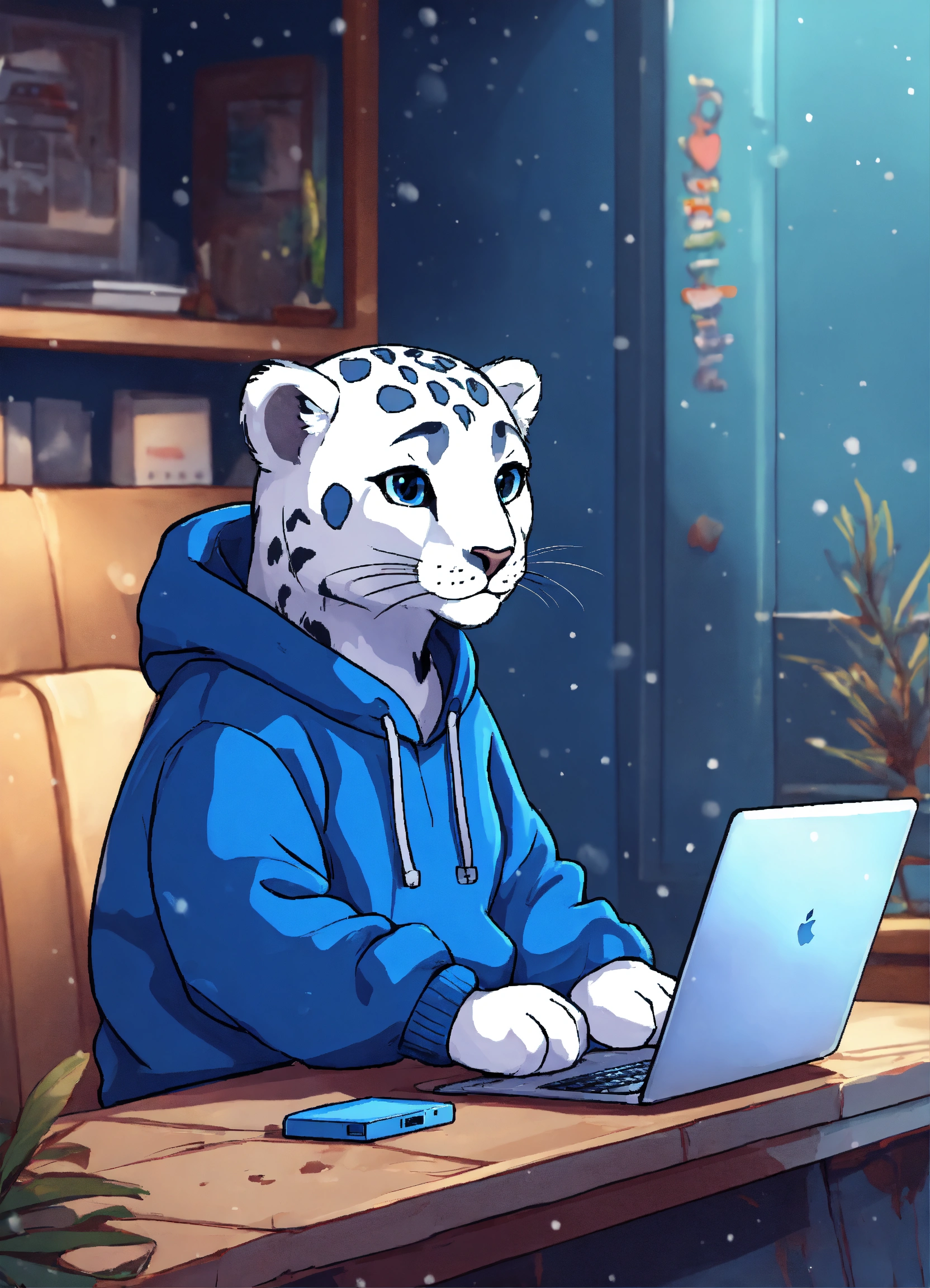 Lexica - Snow leopard in a blue sweatshirt with a laptop Cute 2d simple ...