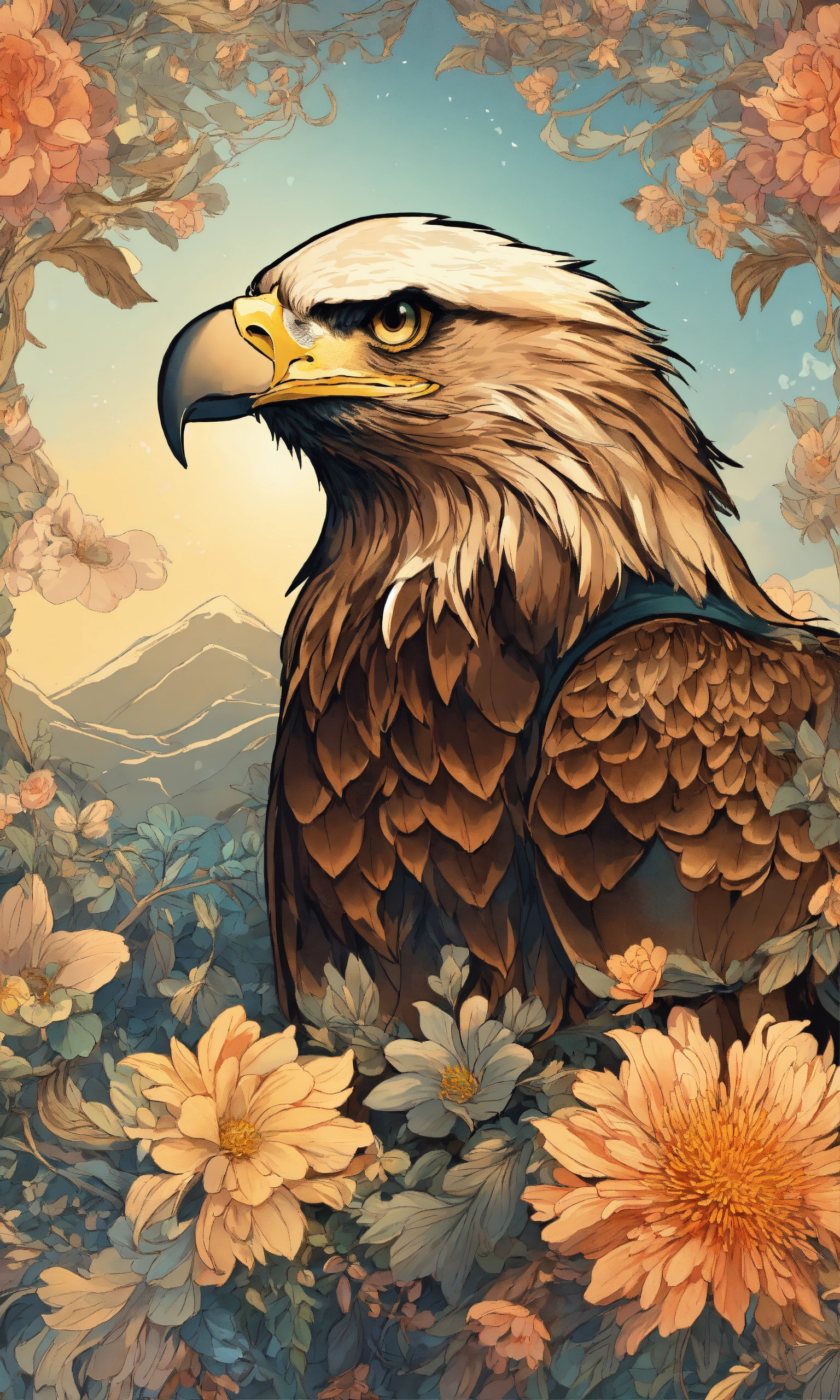 Lexica - Overwhelmingly beautiful eagle framed with vector flowers ...
