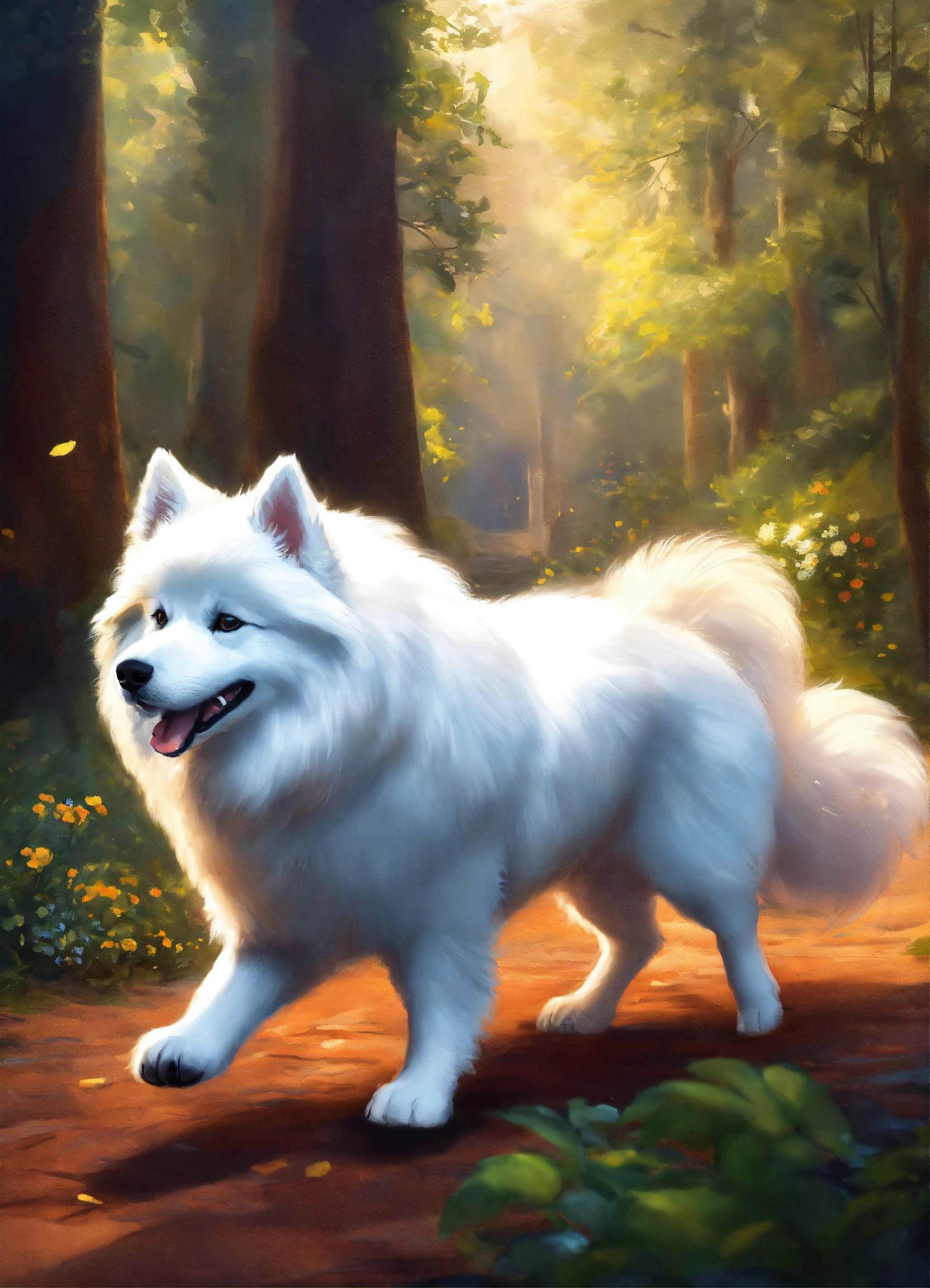 Lexica - A Samoyed dog jumping, playing, with lots of detail and ...
