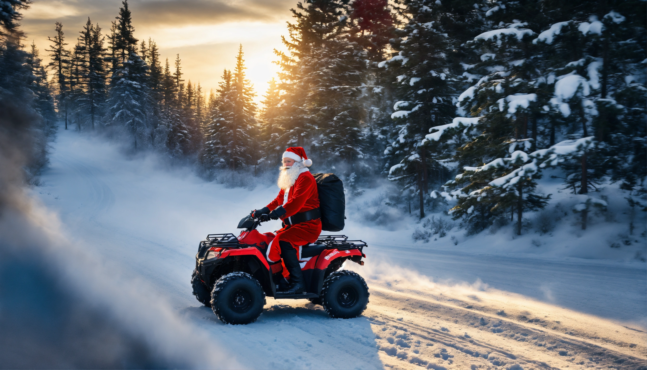 Lexica - Santa Claus with big sack bag rides along a snowy road on an ...