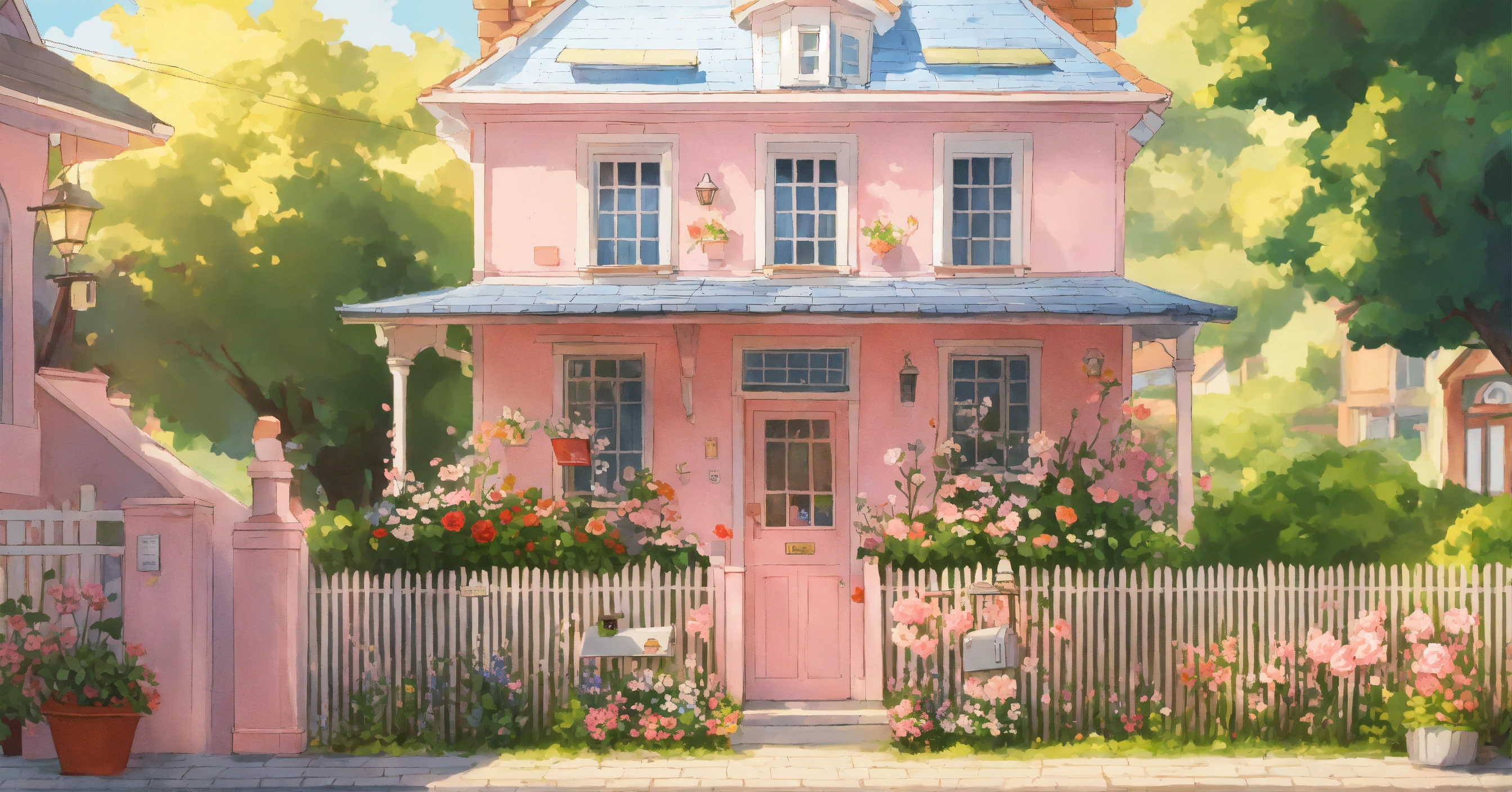 Lexica - Front view of the facade of a small light pink house in the ...