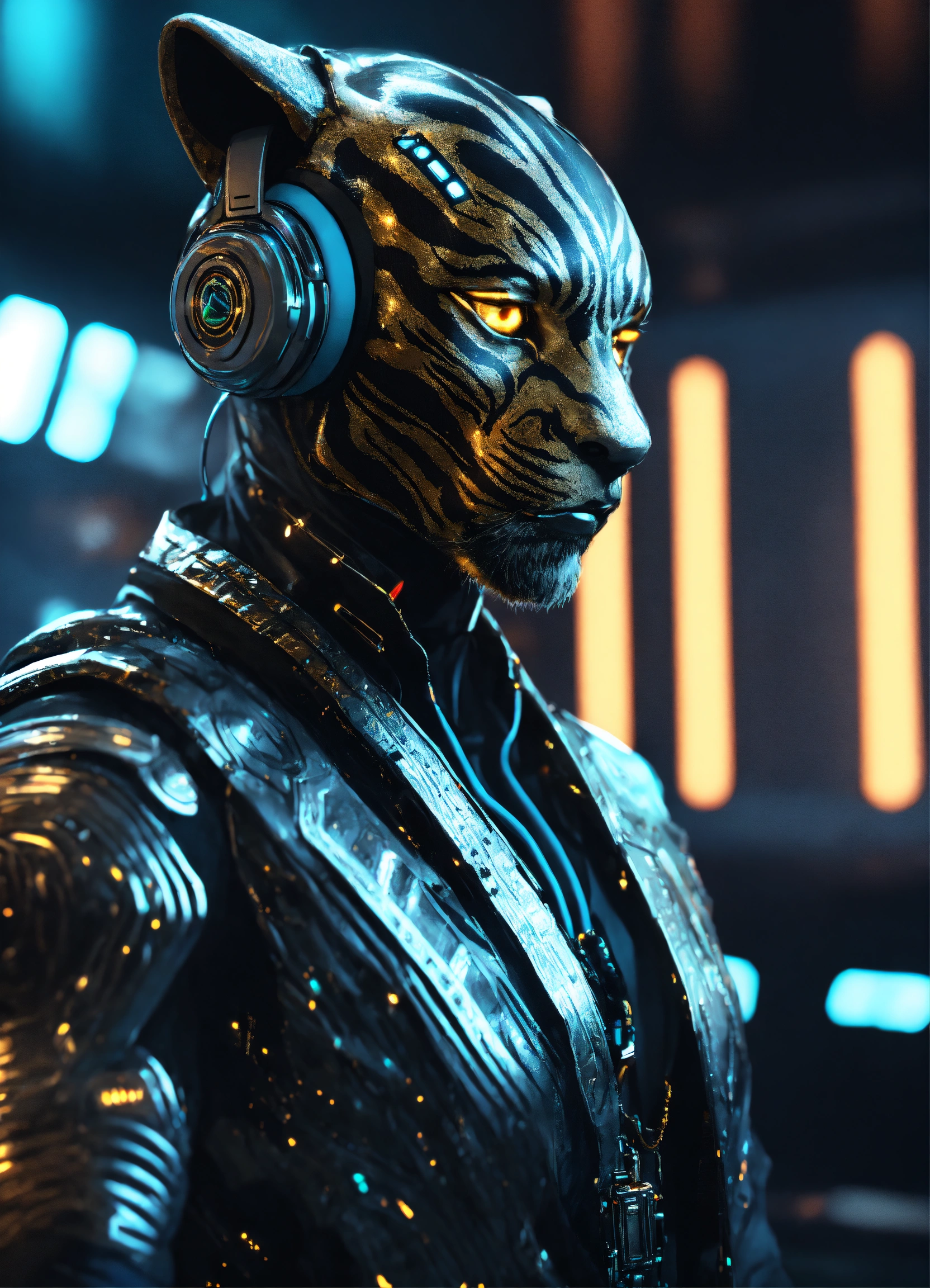 Lexica - Zoom out from a black tiger faced male humanoid, wearing a ...