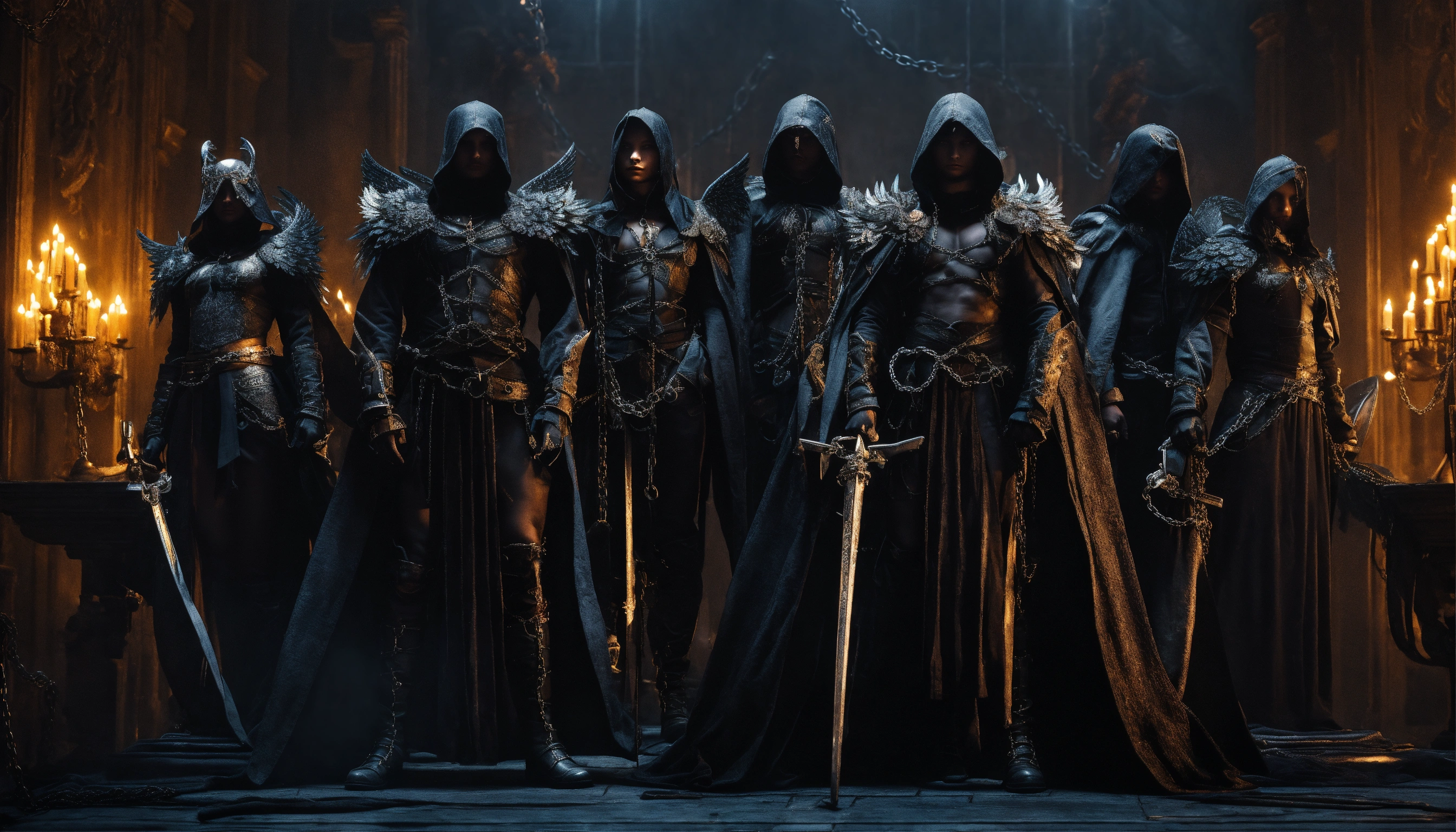 Lexica - 7 dark, fallen angels on their knees, side by side, bound up ...