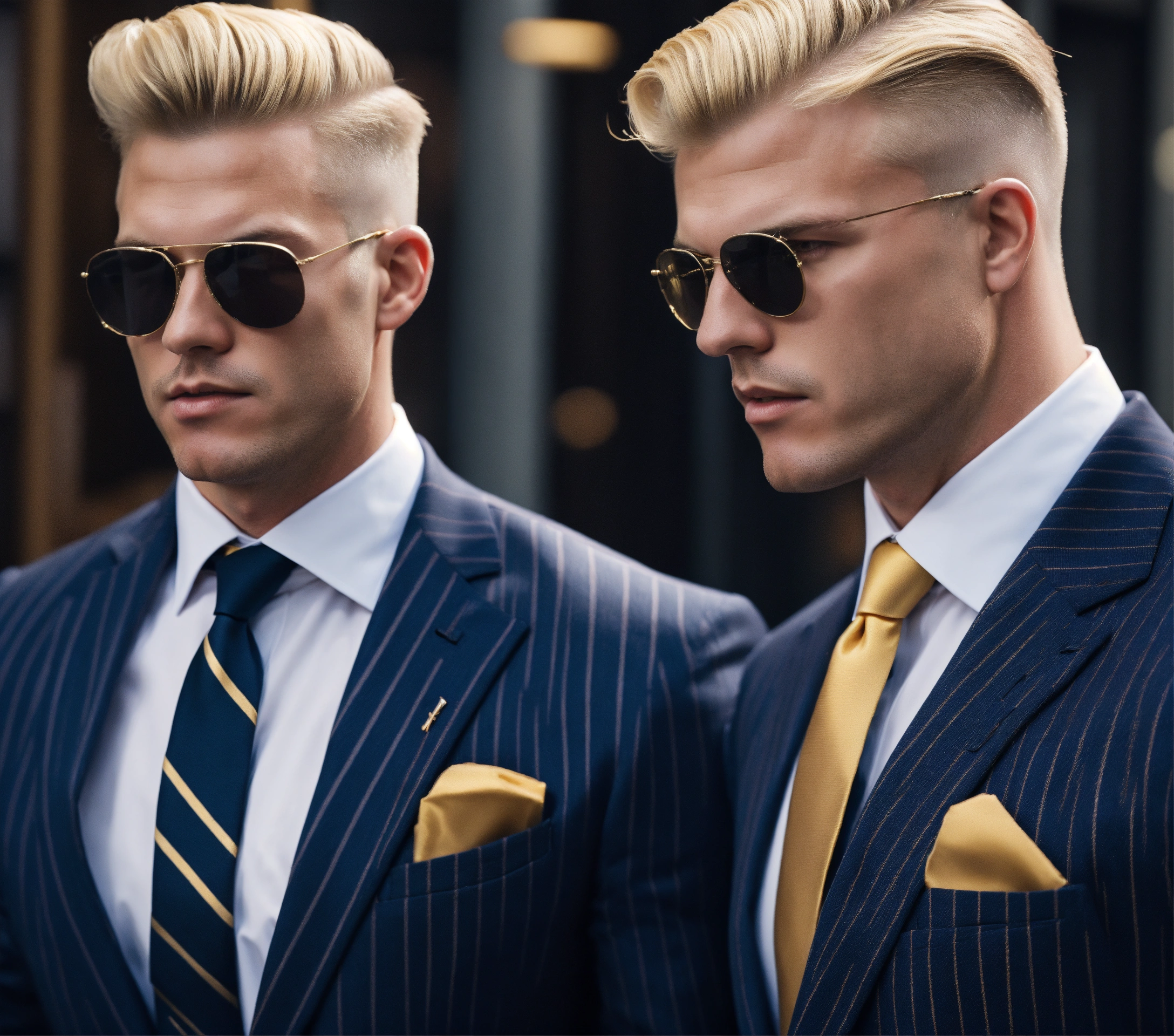 Lexica - Two blonde muscular male CEOs, navy pinstripe vested suit ...