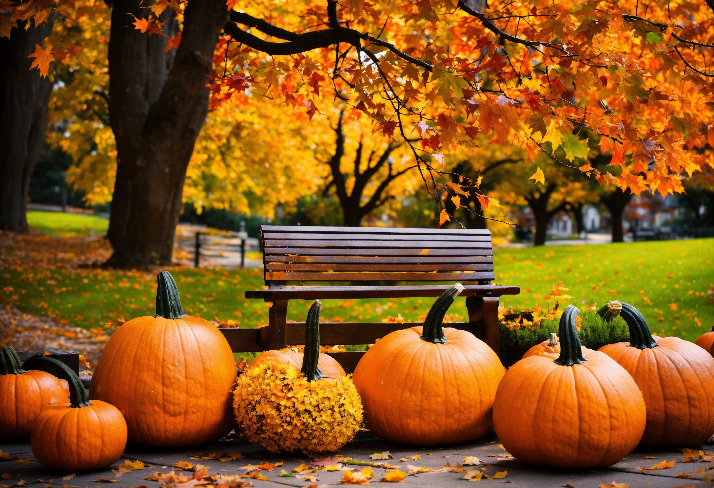 Lexica - Create a cozy fall scene with a wooden bench, pumpkins, and ...