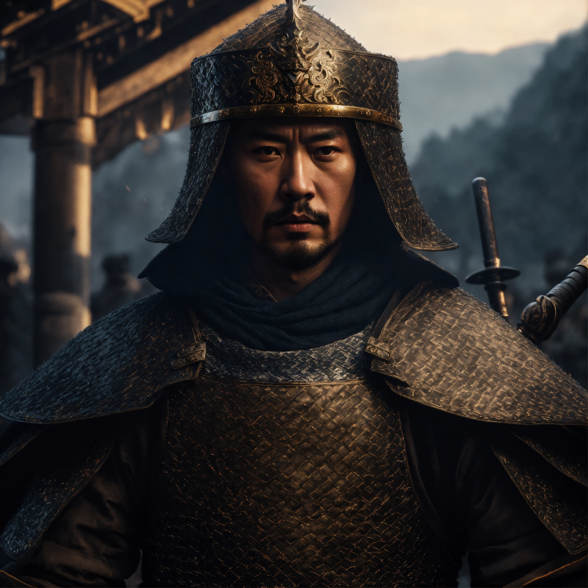 Lexica - Medieval portrait of a samurai warrior wearing black chainmail ...