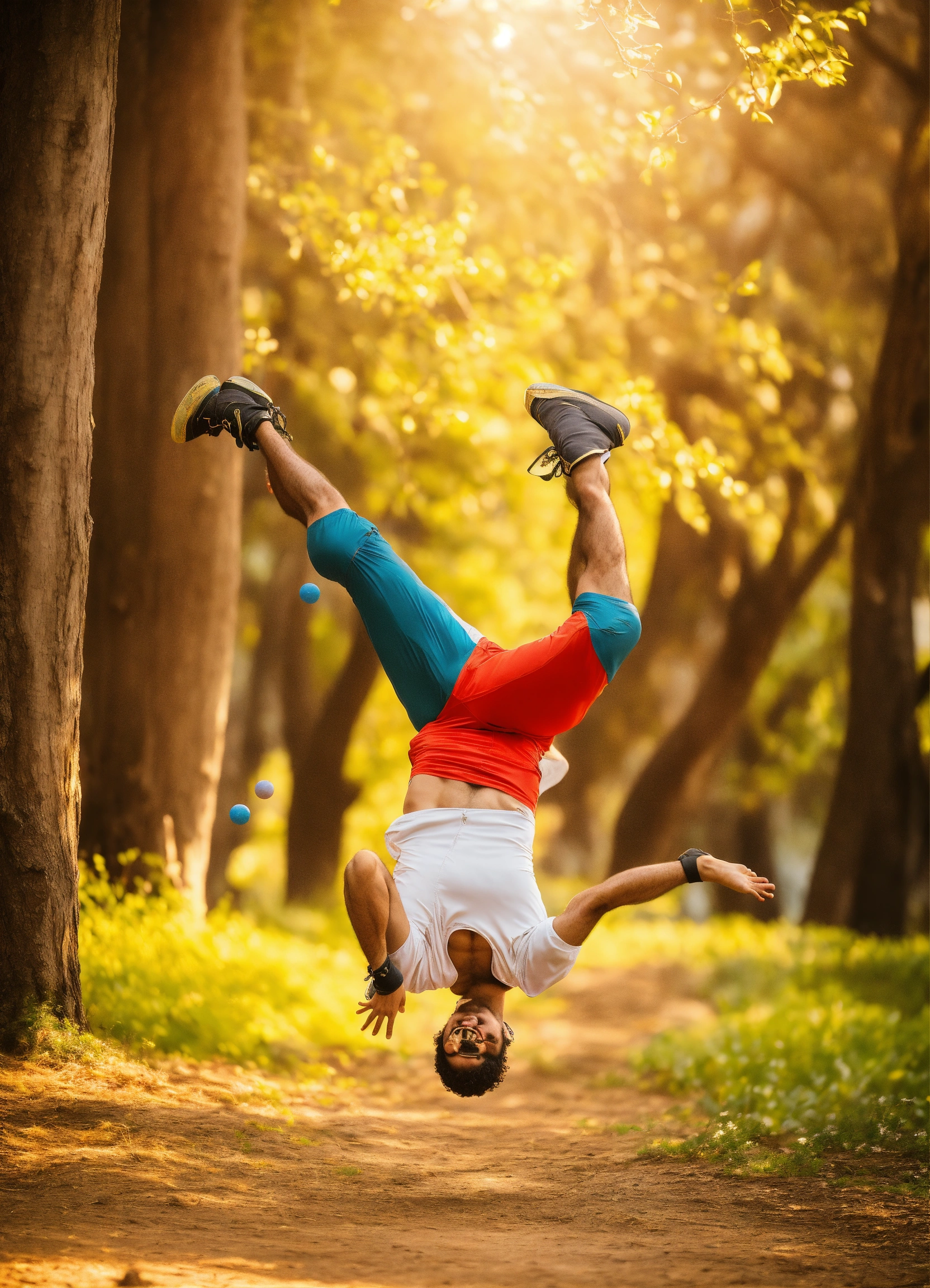 Lexica - "Create an image depicting a joyful man full of life, juggling while hanging upside ...