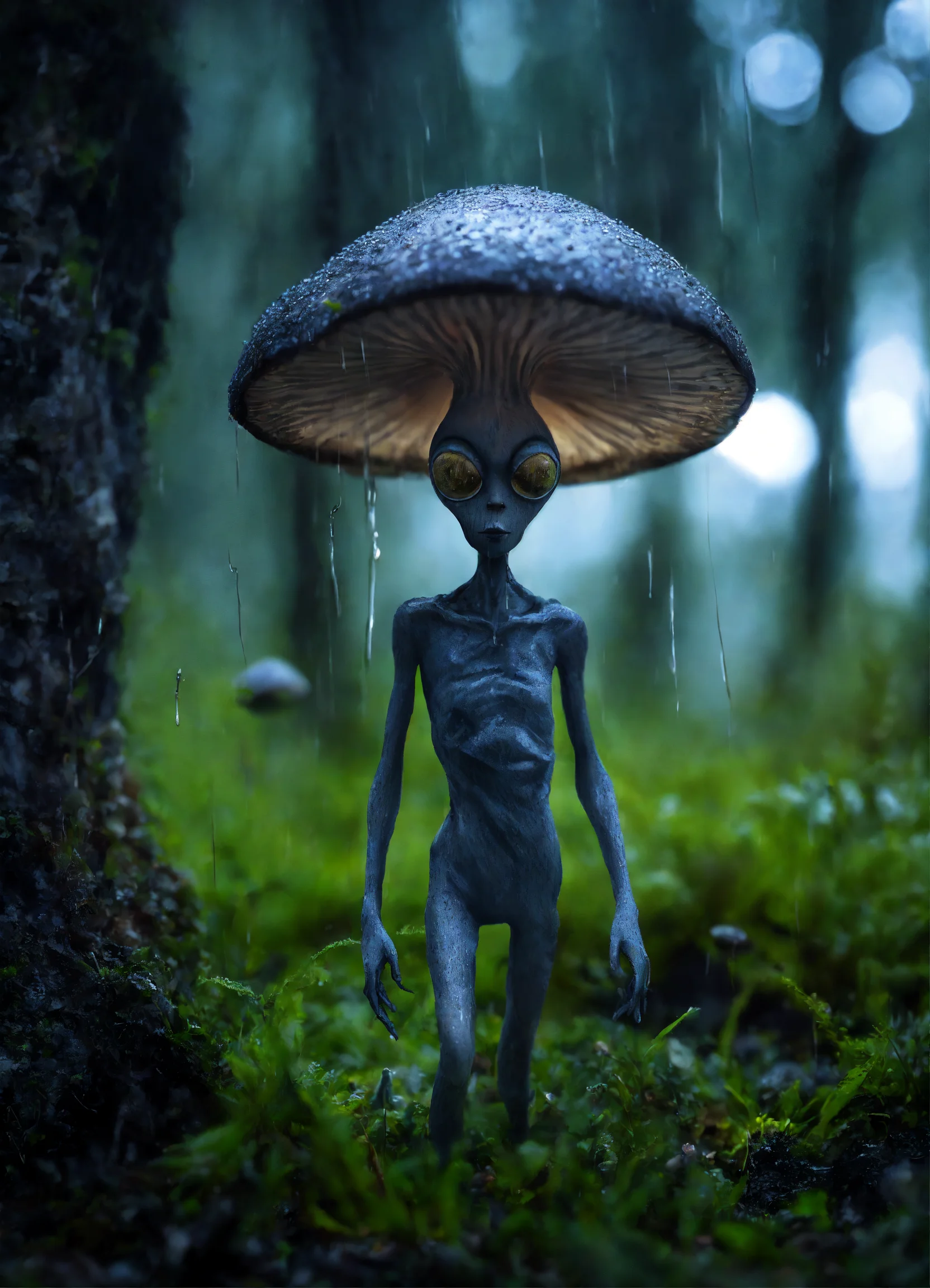 Lexica - A grey alien , big eyes blacks , mushrooms, grass, nigth ...