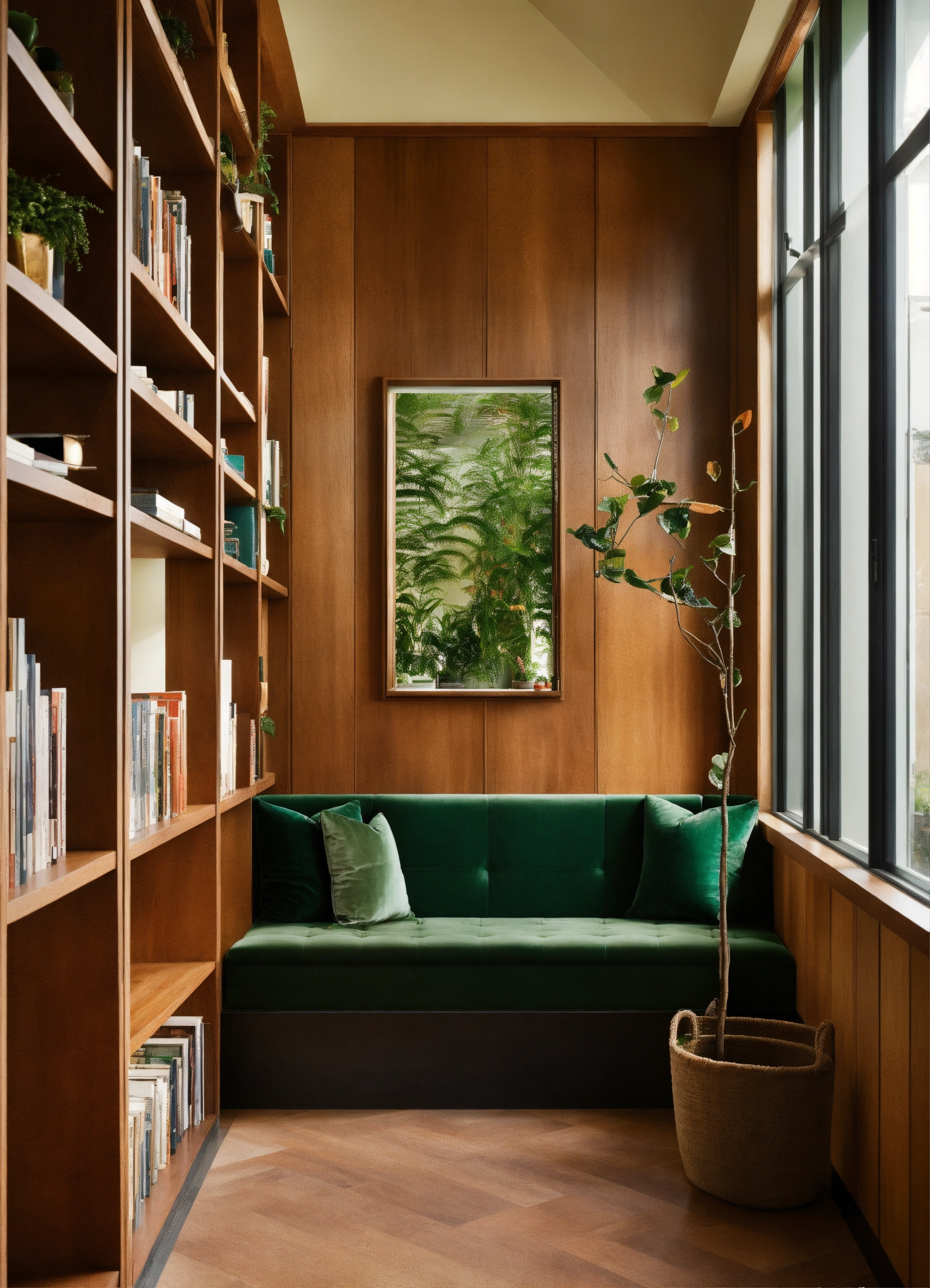 Lexica - A modern reading nook in a long hallway, shelving with books ...